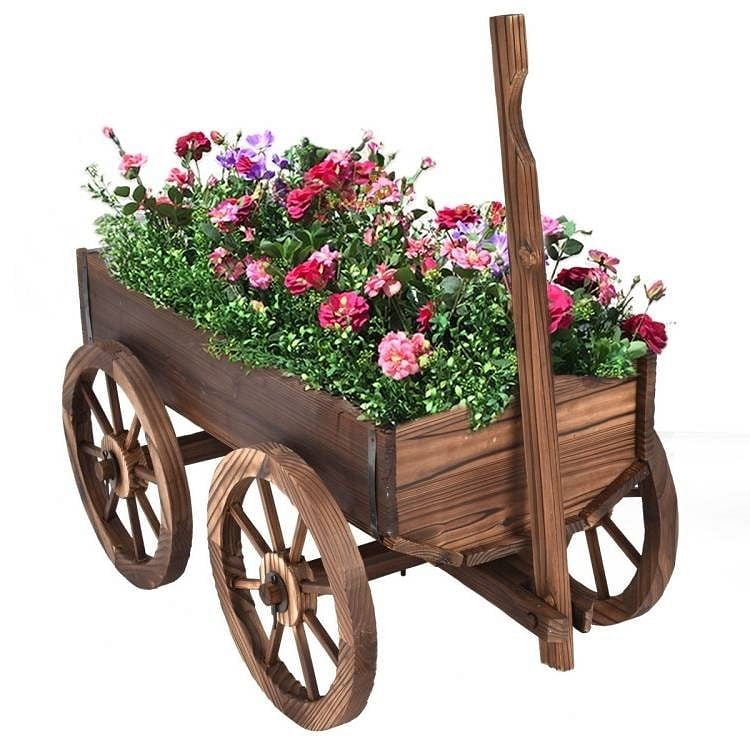 Outdoor Garden Fir Wood Barrel Planter Wagon on Wooden Wheels - Walmart.com
