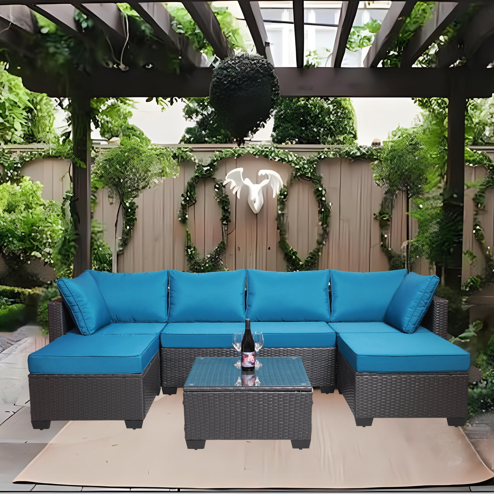 Outdoor Garden Patio Furniture 7-Piece Pe Rattan Wicker Cushioned Sofa ...