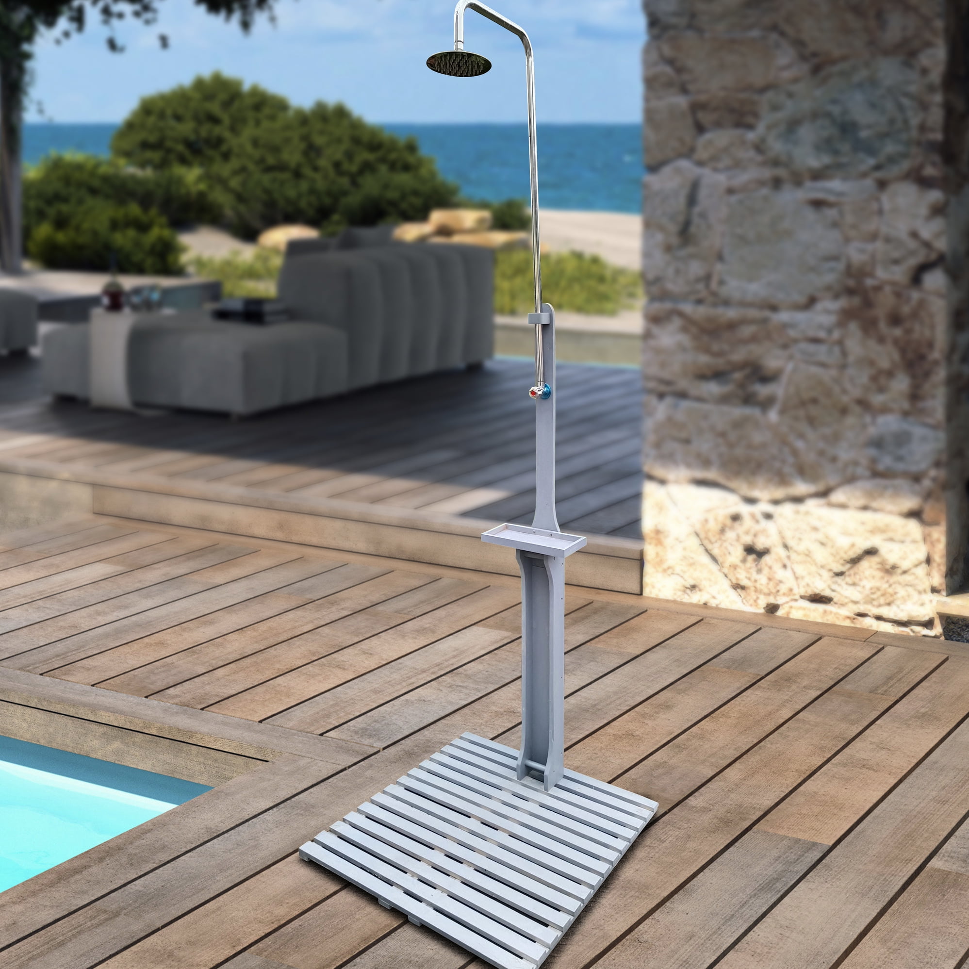 Outdoor Garden Pool Shower With Board - Gray Solid Wood For Swimming ...
