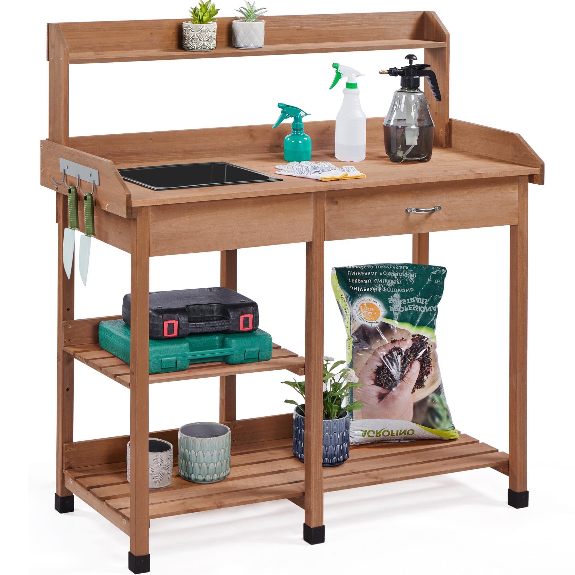 Outdoor Garden Potting Bench Solid Wood Construction, Planting Station ...
