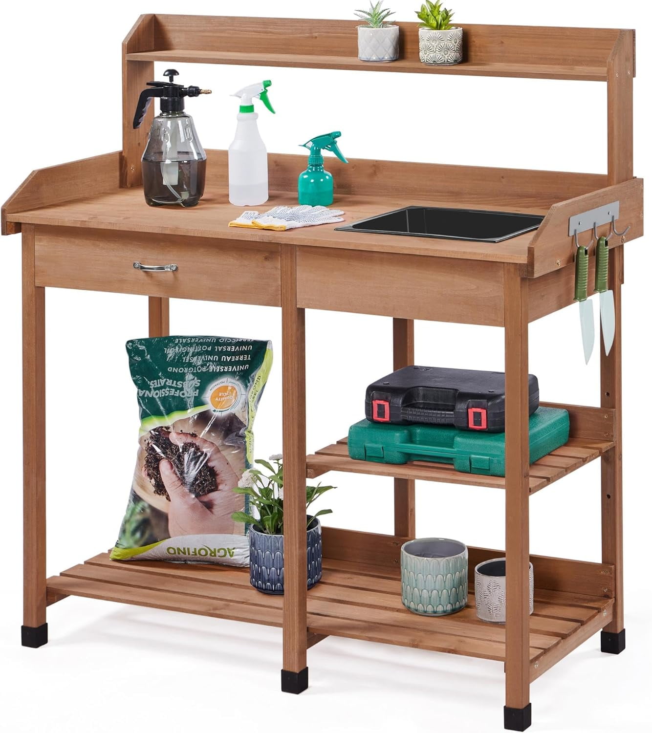 Outdoor Garden Potting Bench with Solid Wood Construction, Planting ...