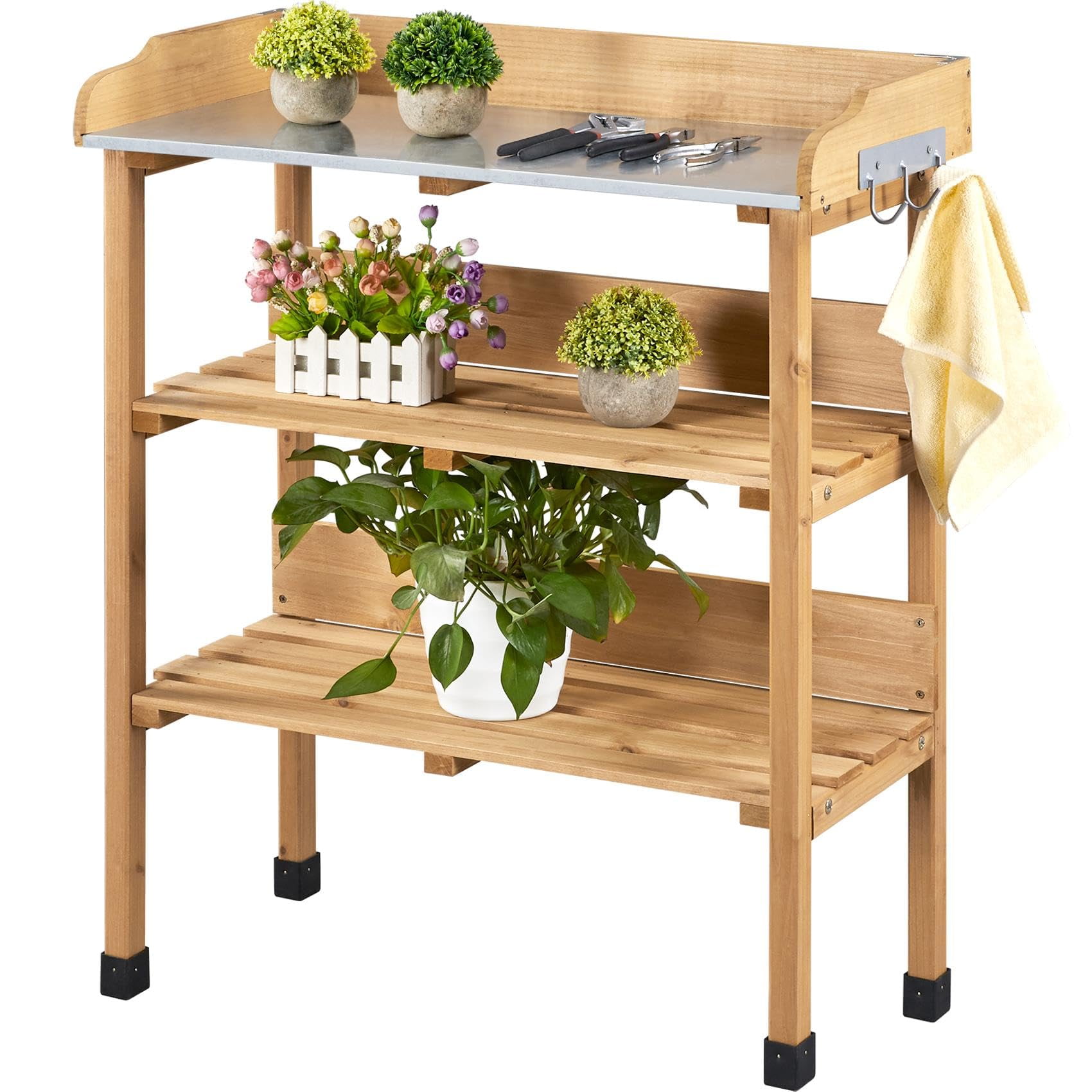 Outdoor Garden Potting Table Wooden with Metal Top 3 Hooks, Planting ...