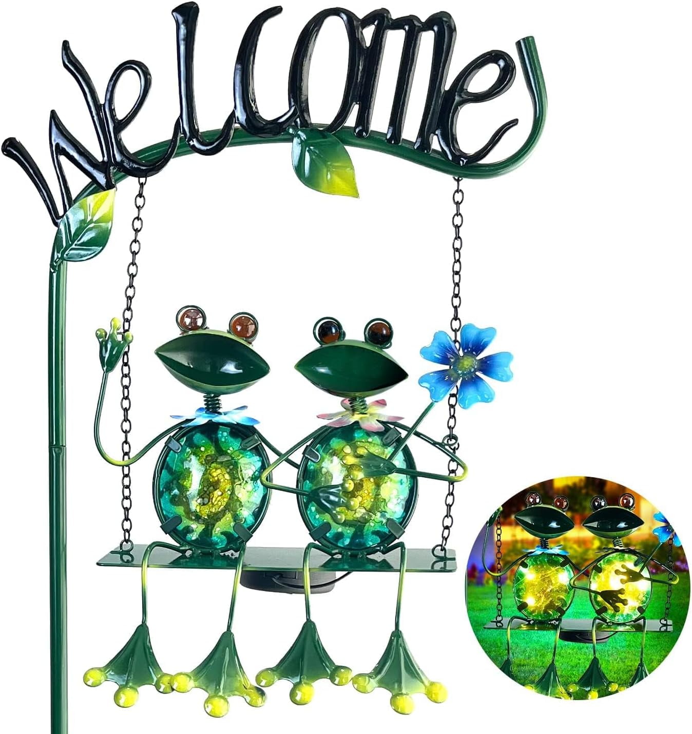 Outdoor Garden Solar Lights, Frog Swing Garden Decor, Frog Decorative Stake with Welcome Sign ...