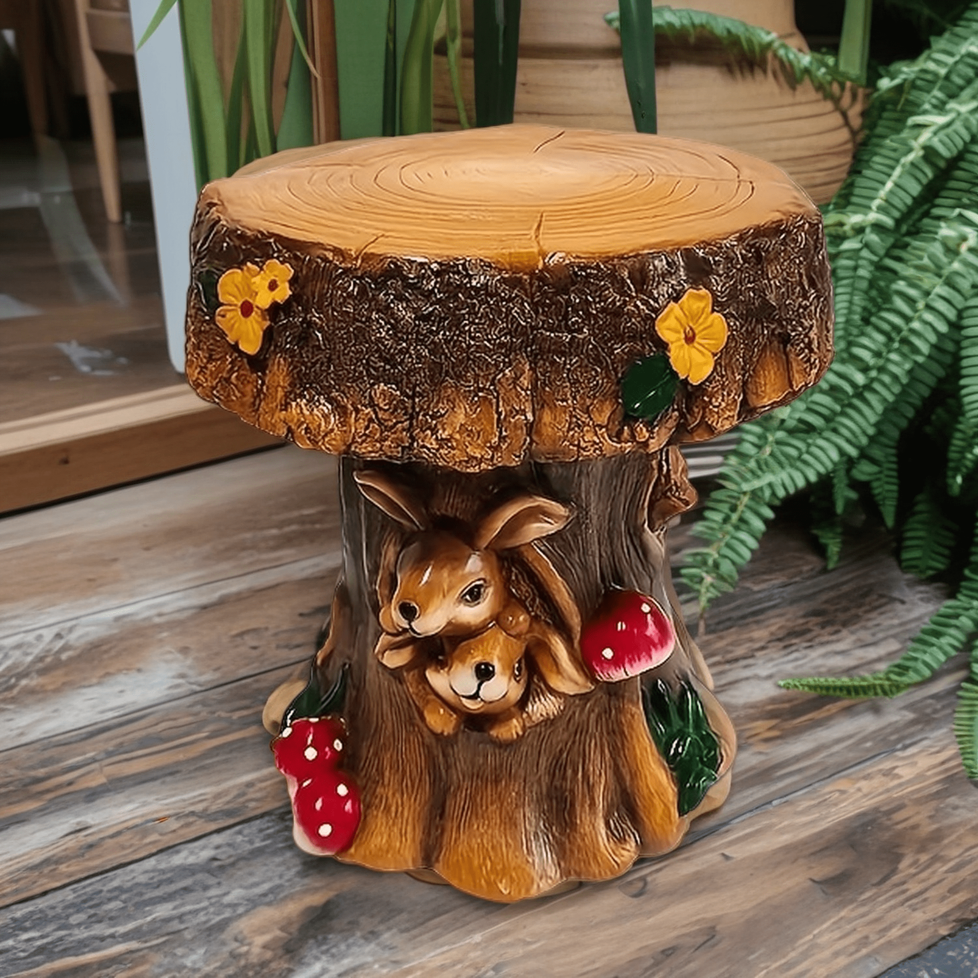 Outdoor Garden Stool | Whimsical Rabbit Tree Stump Resin | 12.6x12.6x13 ...