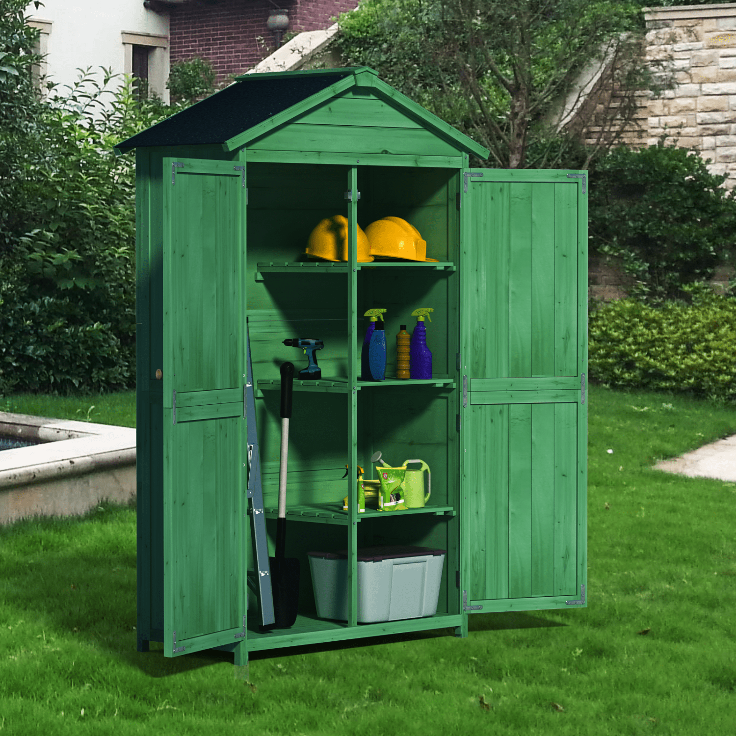 Outdoor Garden Storage Shed, 66" Wood Wood Tool Cabinet with Waterproof ...