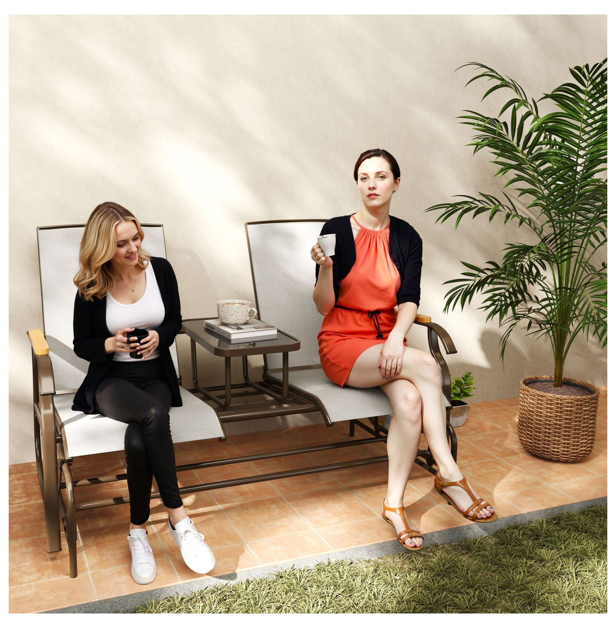 Outdoor Glider Bench - 2 Person Patio Loveseat with Table - Steel Frame ...