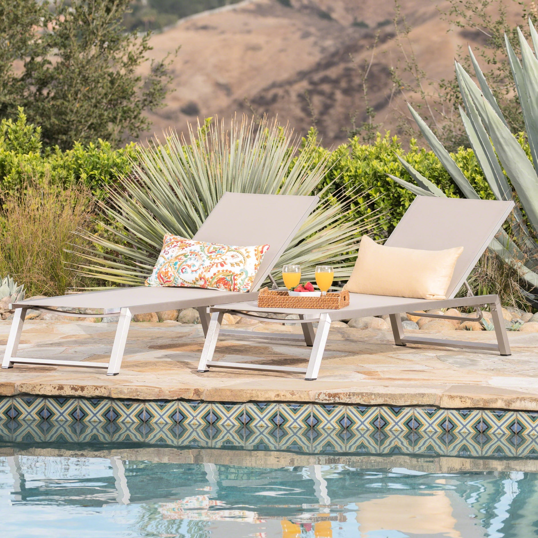 Outdoor Grey Mesh Backed Chaise Lounges, Strong Aluminum Frame Lounges ...