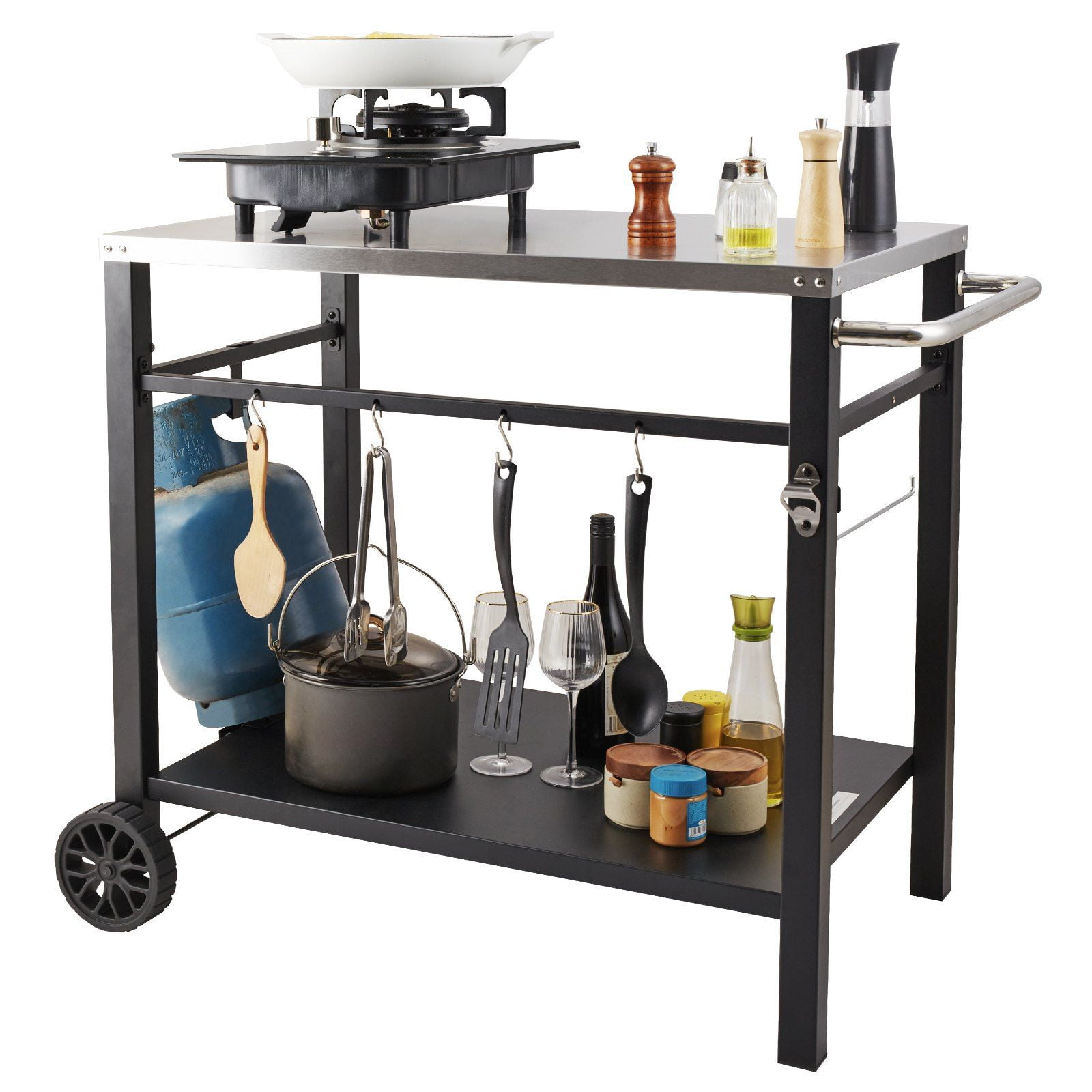 Outdoor Grill Cart with 2-Tier Shelf, Portable Stainless Steel BBQ Prep ...