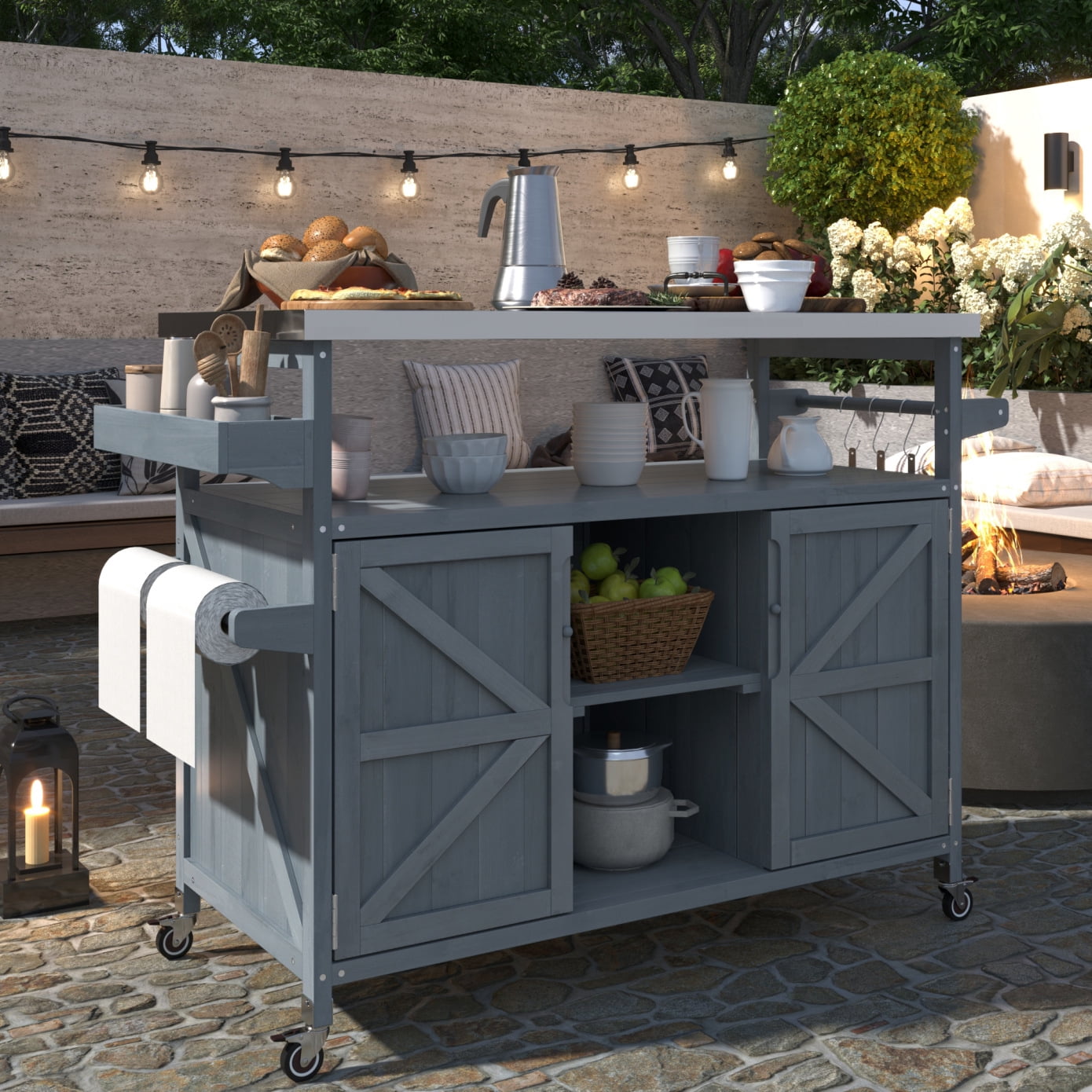 Outdoor Grill Cart, Kitchen Island Rolling Bar Cart with Stainless ...