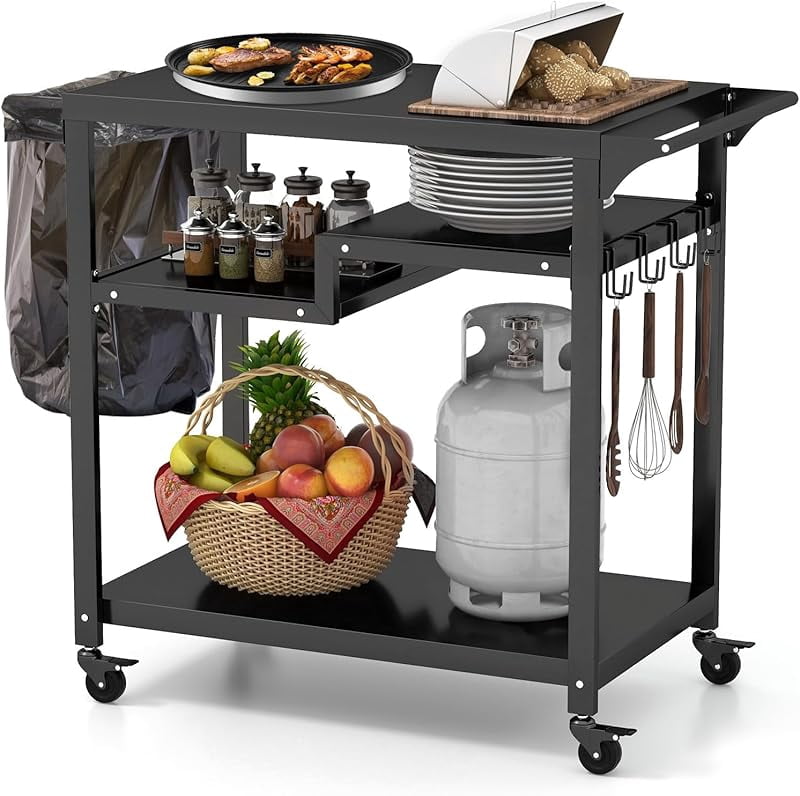 Outdoor Grill Cart - Pizza Oven Stand Table with Lockable Wheels, Three ...