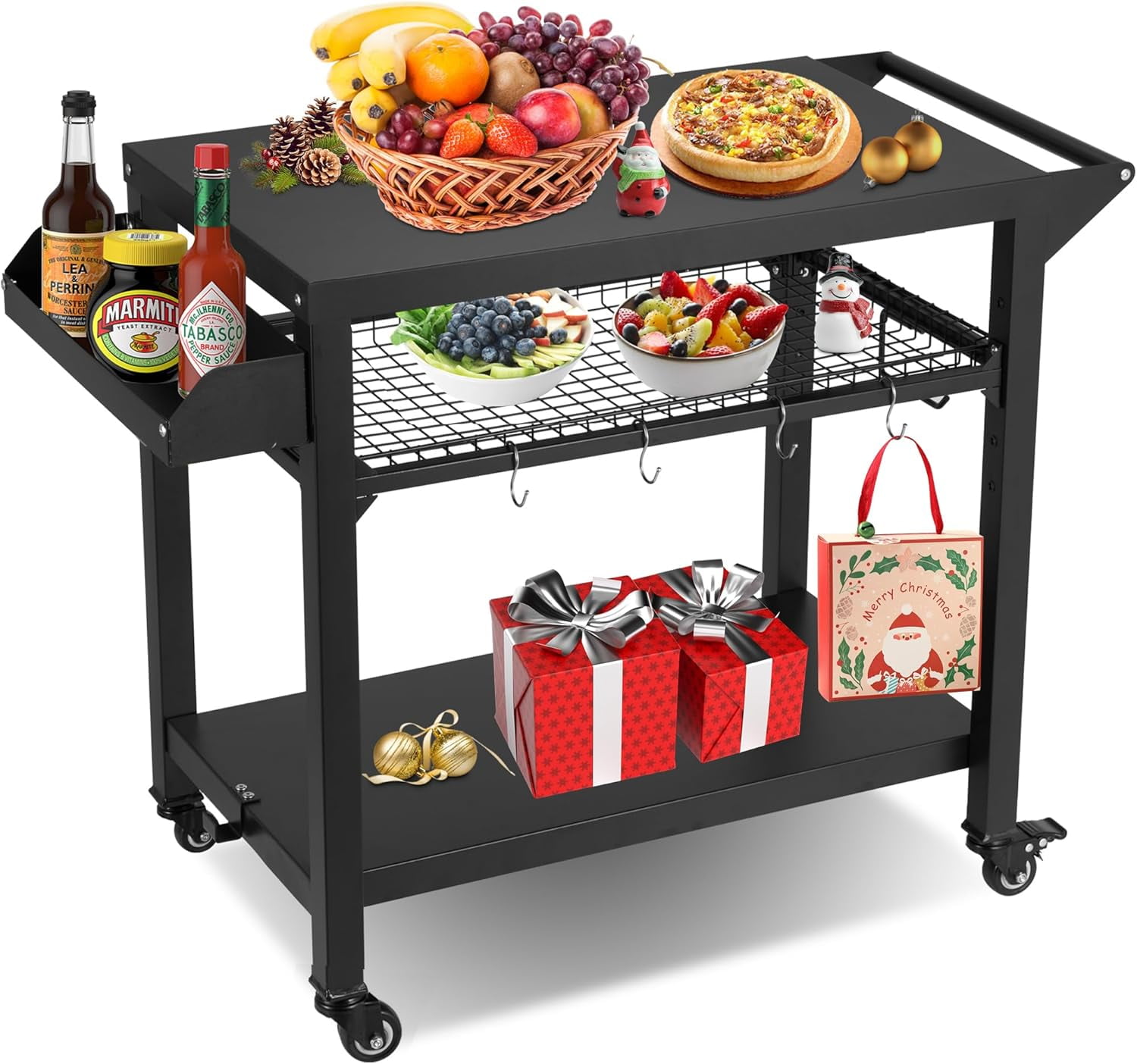 Outdoor Grill Cart, Pizza Oven Stand Table with Wheels Dining Cart ...