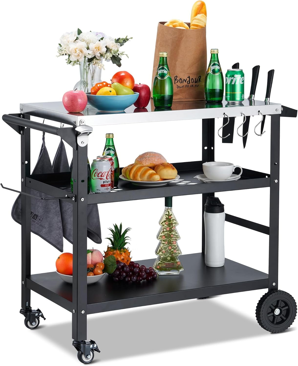 Outdoor Grill Cart, Pizza Oven Stand Table with Wheels Dining Cart ...
