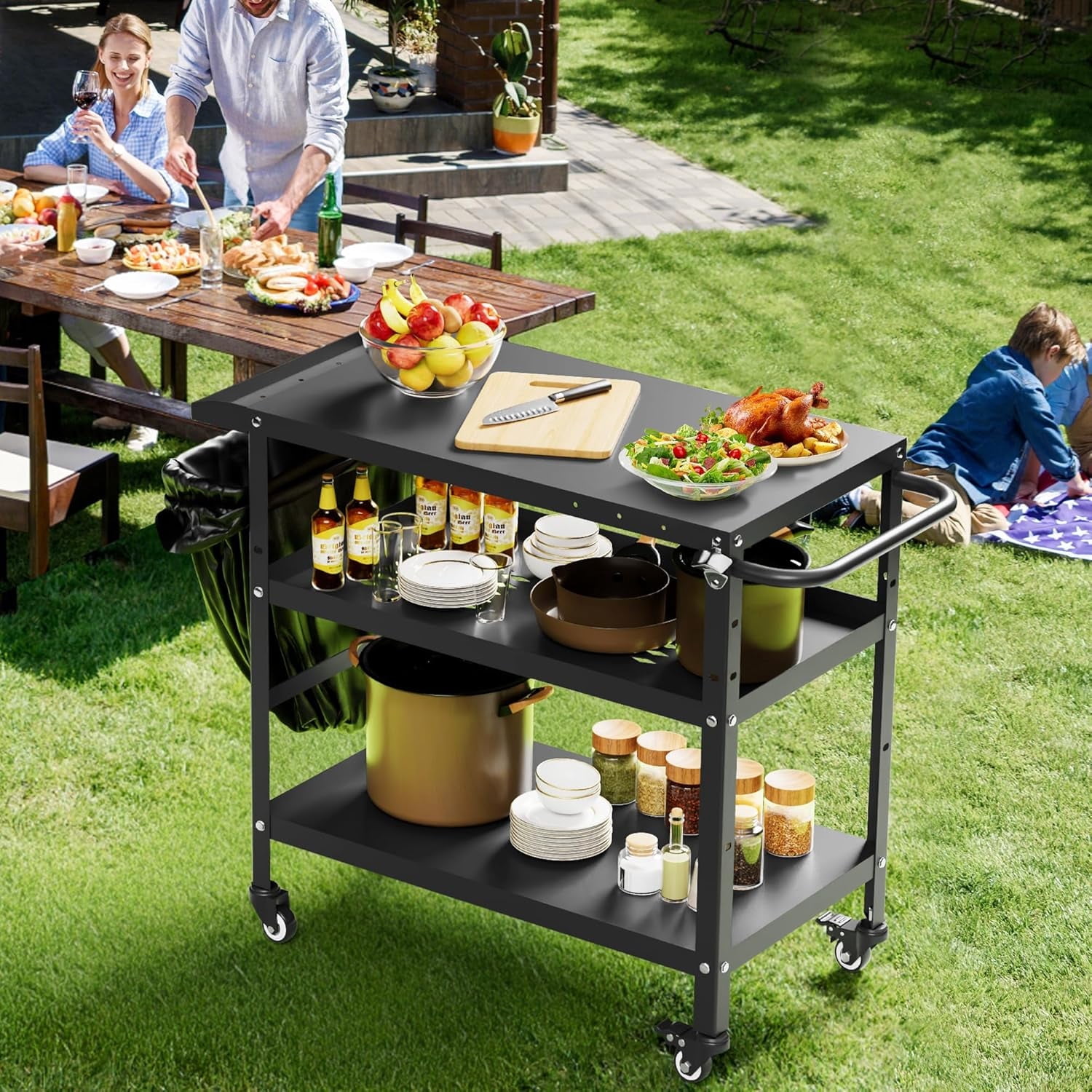 Outdoor Grill Cart, Pizza Oven Stand Table with Wheels for Outside S ...