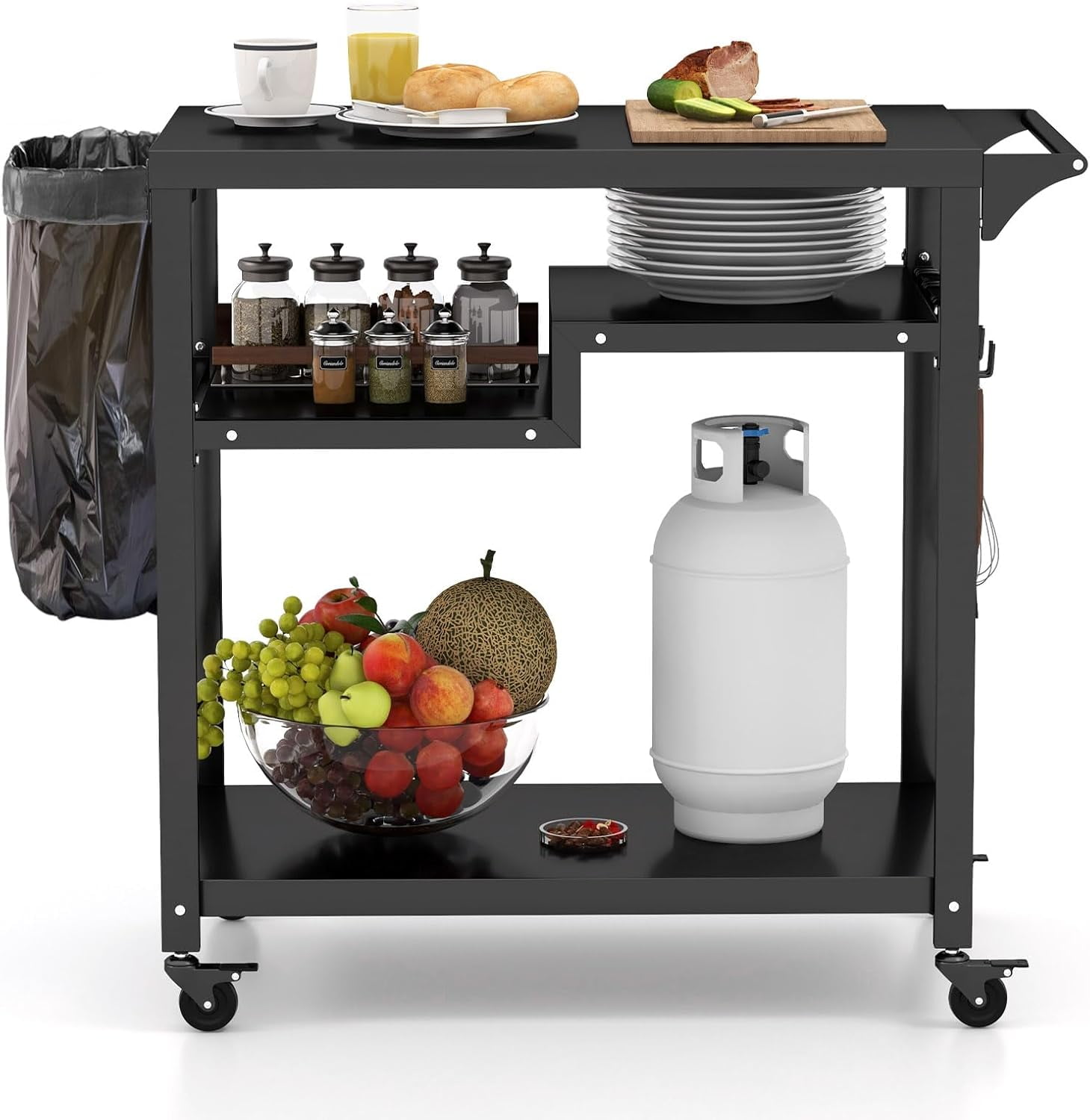 Outdoor Grill Cart, Pizza Oven Stand with Wheels, 3 Storage Shelves ...