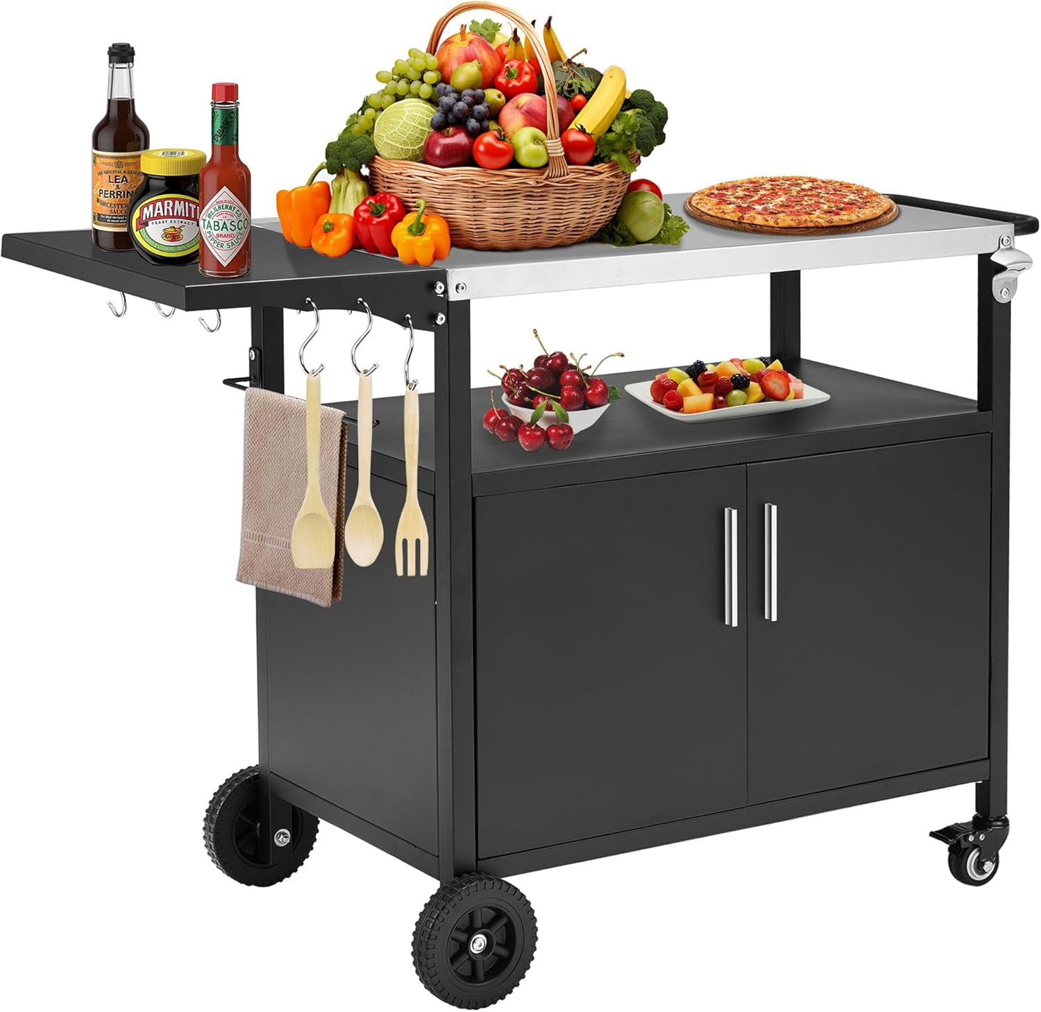 Outdoor Grill Cart with Storage Cabinet Movable Pizza Oven Table Bar ...