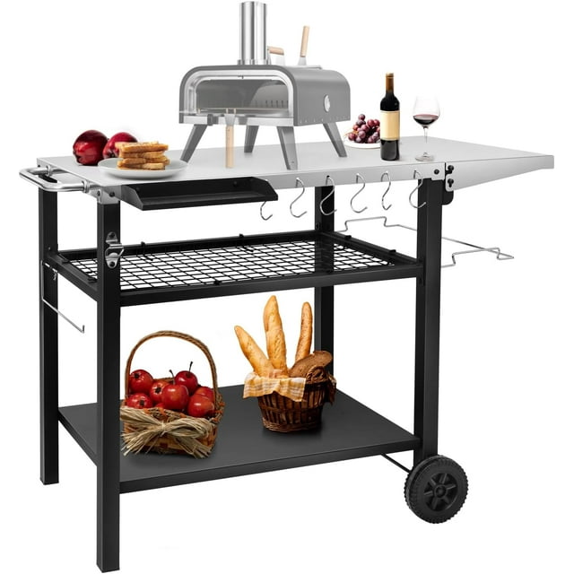 Outdoor Grill Cart Table Pizza Oven Stand, Three-Shelf Stainless Steel ...
