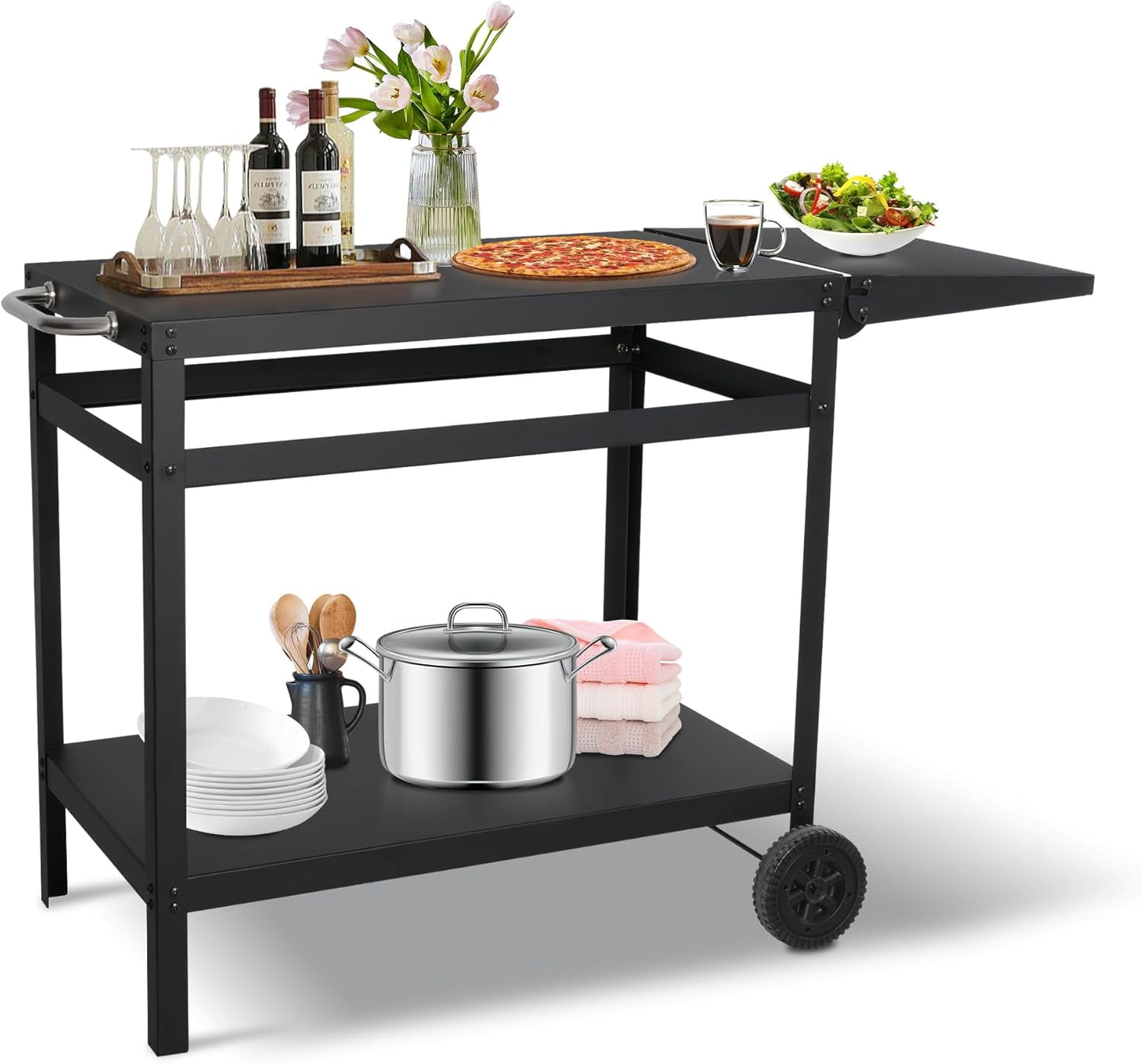 Outdoor Grill Cart Table, Portable Double-Shelf Dining Cart with Wheels ...