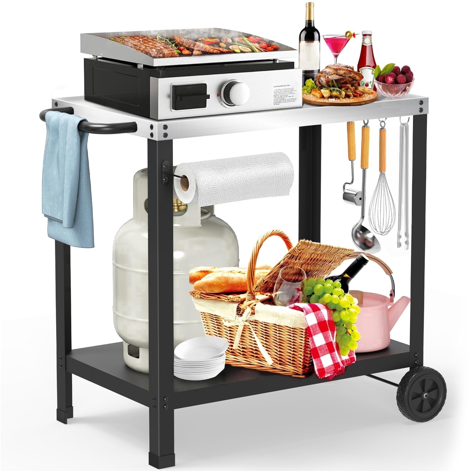 Outdoor Grill Cart with Wheels, Rolling Dining Table for Griddle Stand ...
