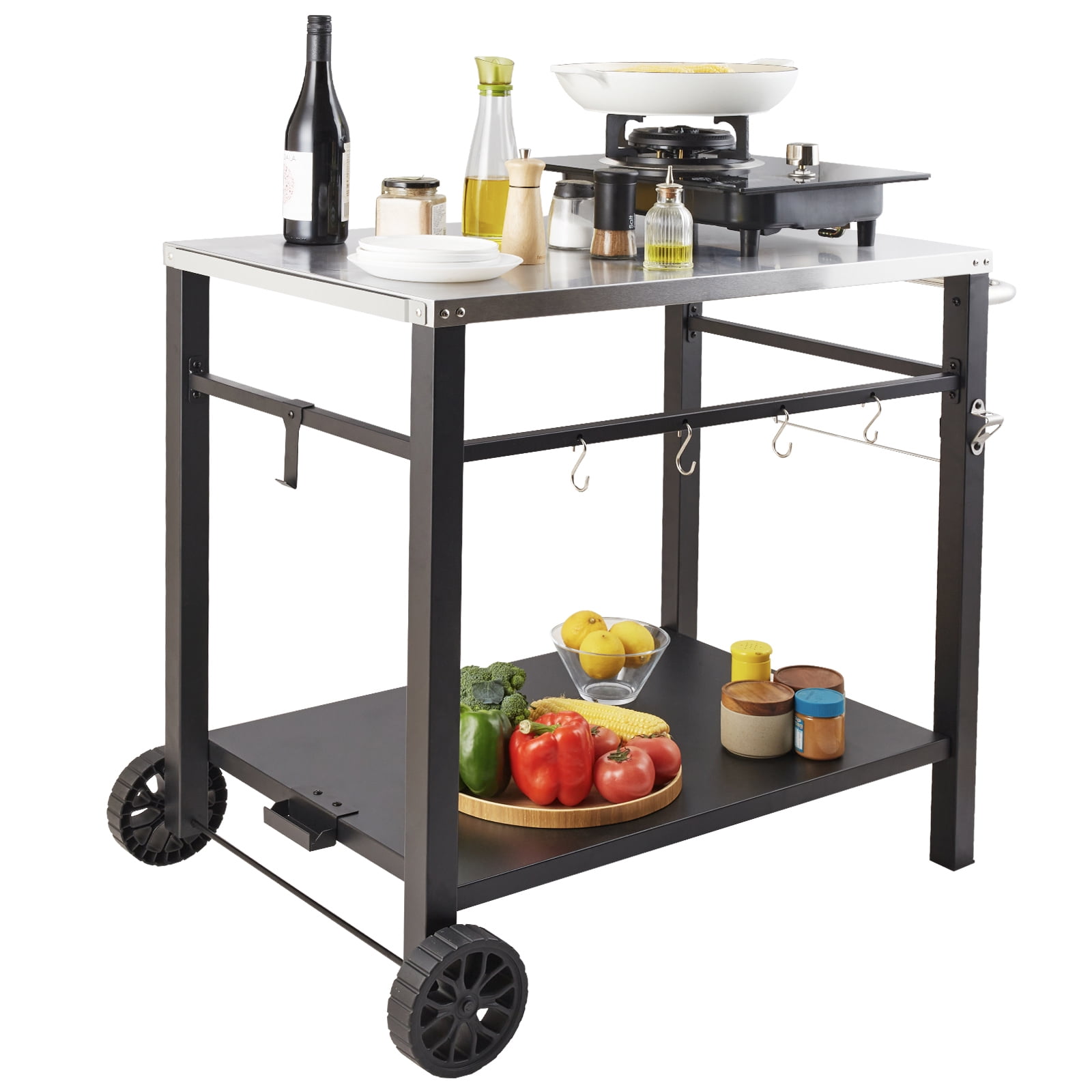 Outdoor Grill Dining Cart Double-Shelf BBQ Movable Food Prep Trolley ...