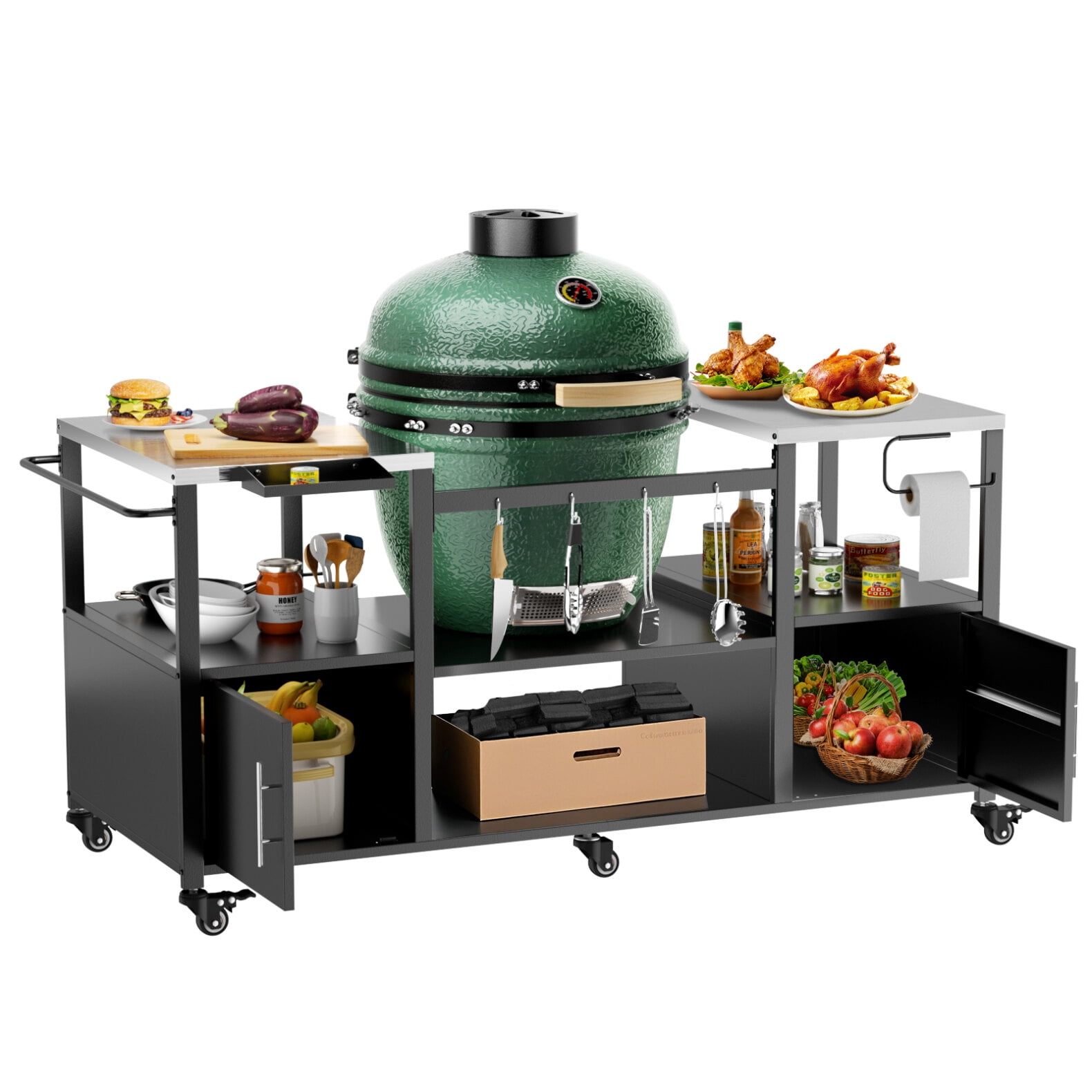 Outdoor Grill Table with 2 Storage Boxes and Open Storage Space, Metal ...