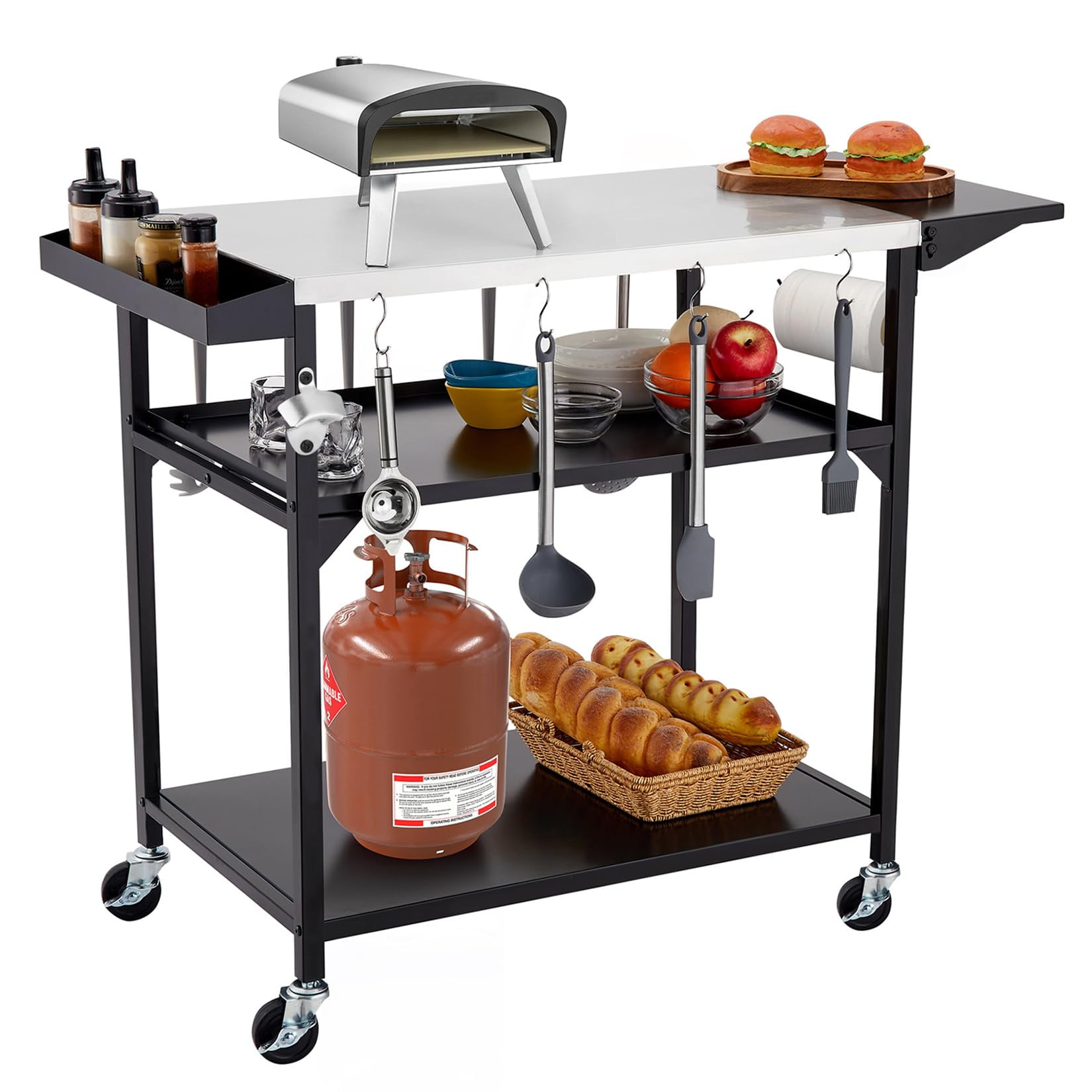 Outdoor Grill Table Cart with 4 Wheels, Stainless Steel Pizza Oven ...