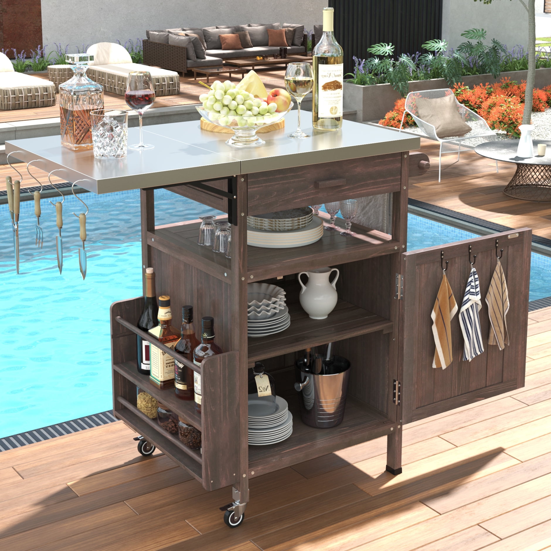 Outdoor Grill Table Cart with Stainless Steel Table Top, Drop Leaf and ...