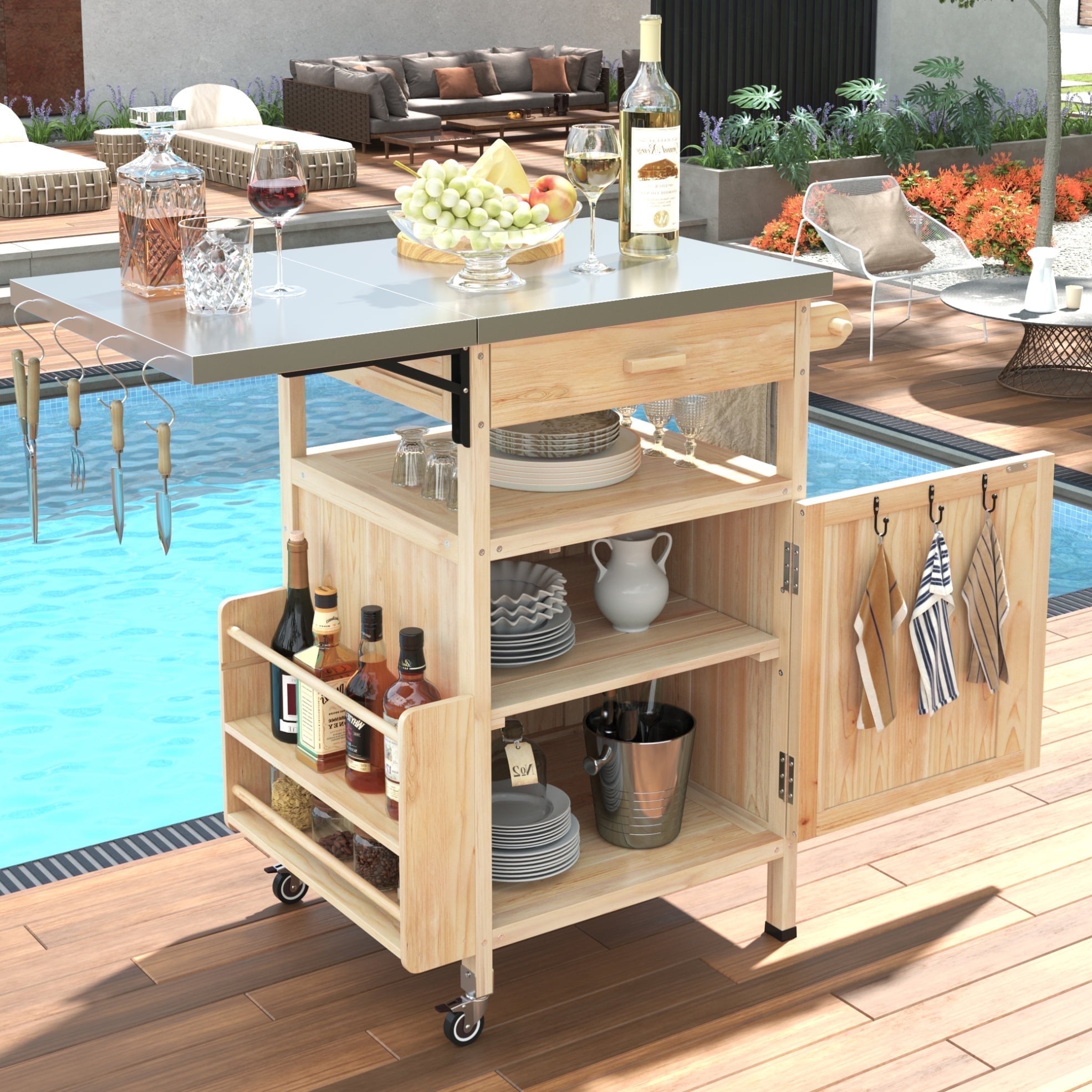 Solid Wood Outdoor Kitchen Island with Drop Leaf, Grill Table with ...