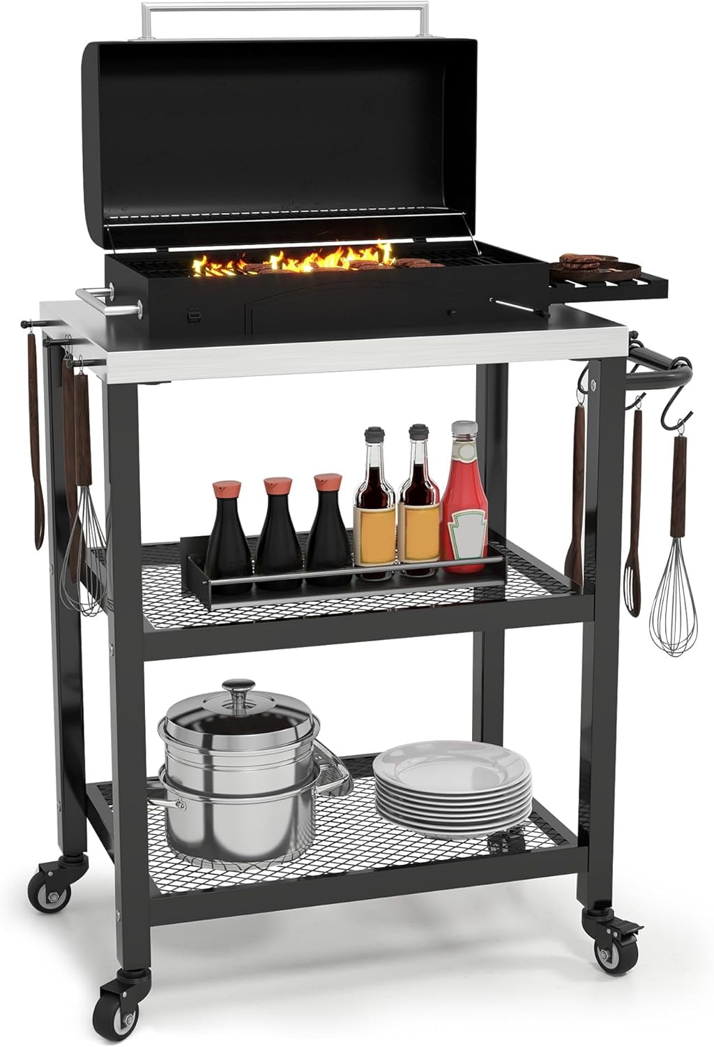 Outdoor Grill Table with Hooks and Side Handle, Movable Outdoor Prep ...