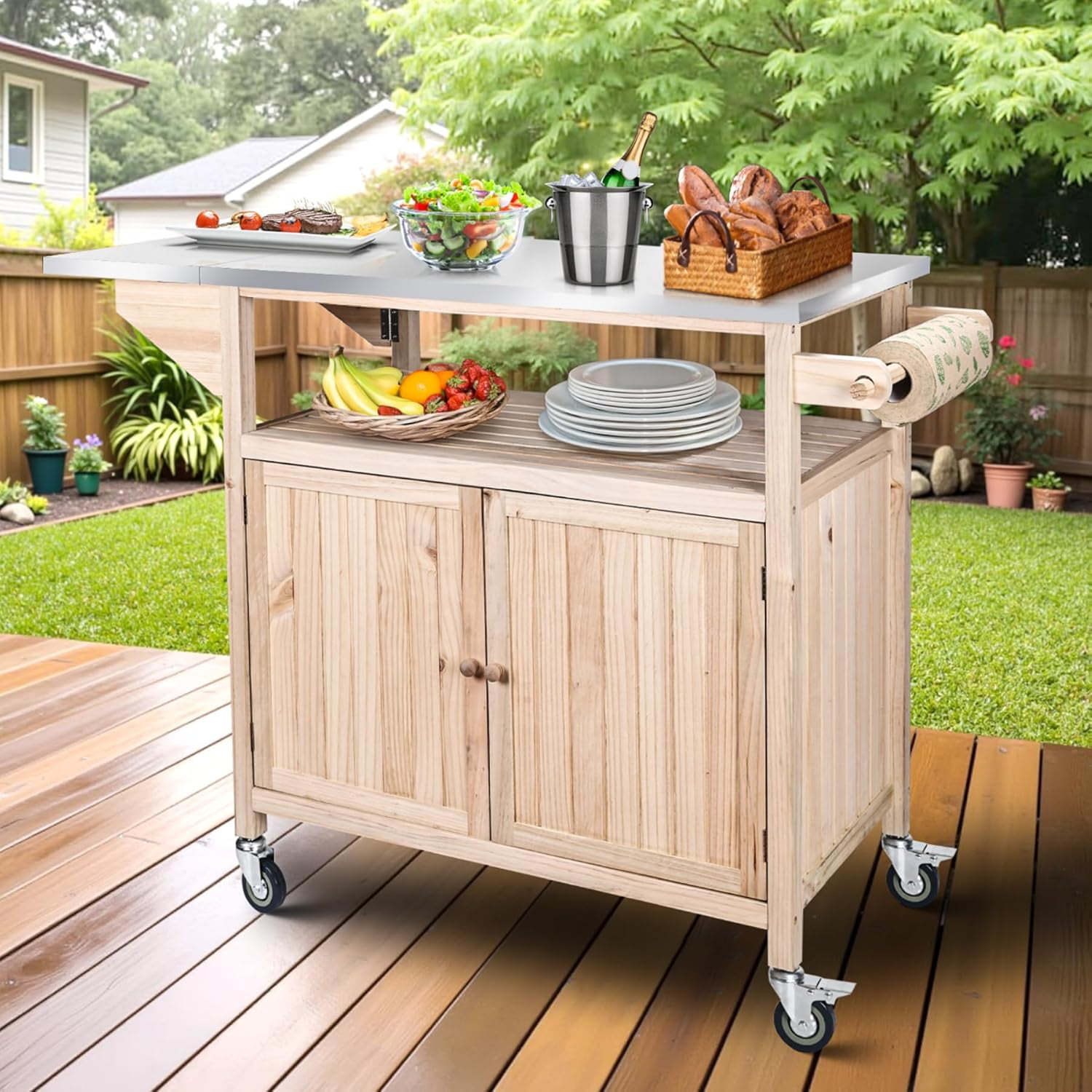 Outdoor Grill Table, Portable Grill Cart with Stainless Steel Top and ...