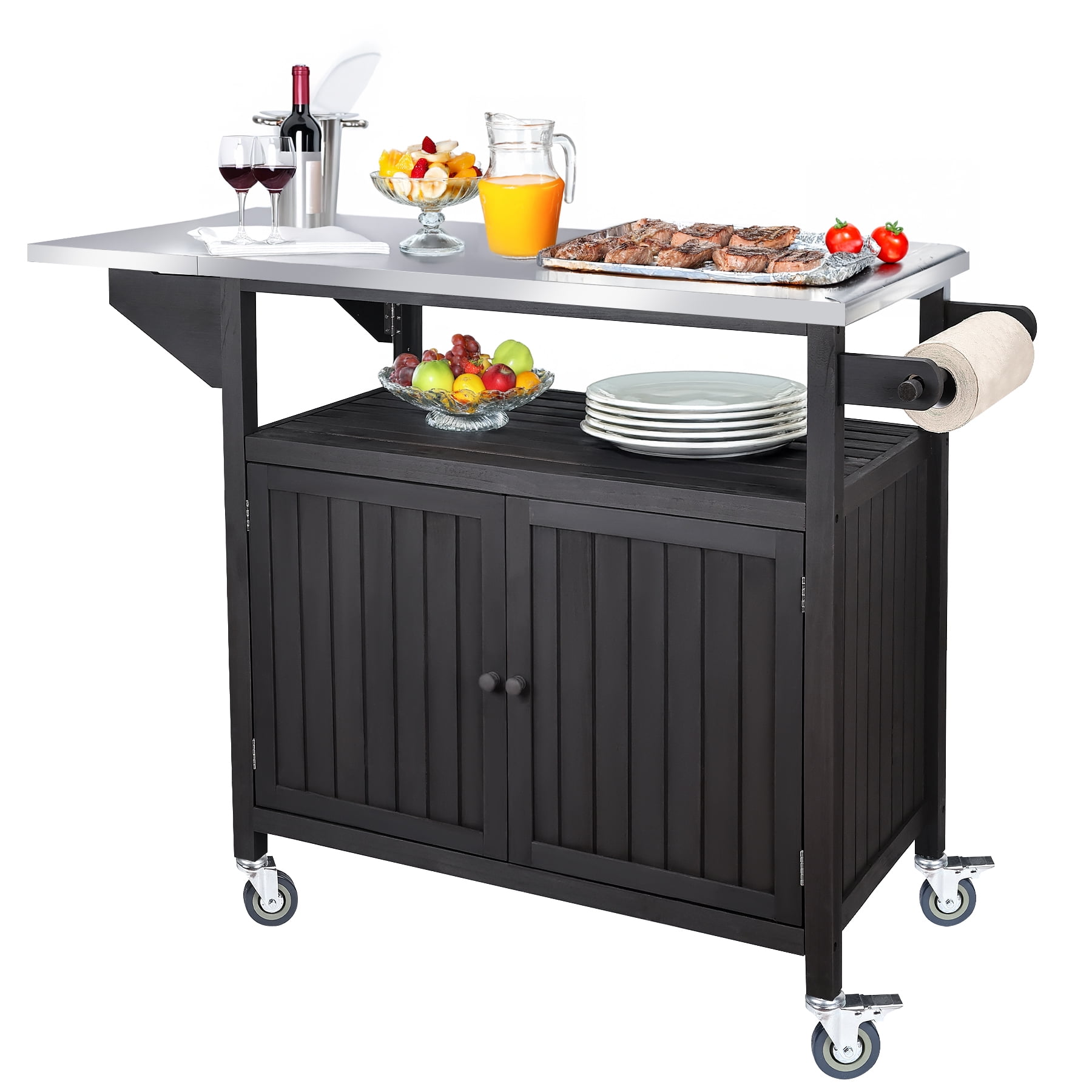 Outdoor Grill Table with Storage Cabinet, Solid Wood Outdoor Grill Cart ...
