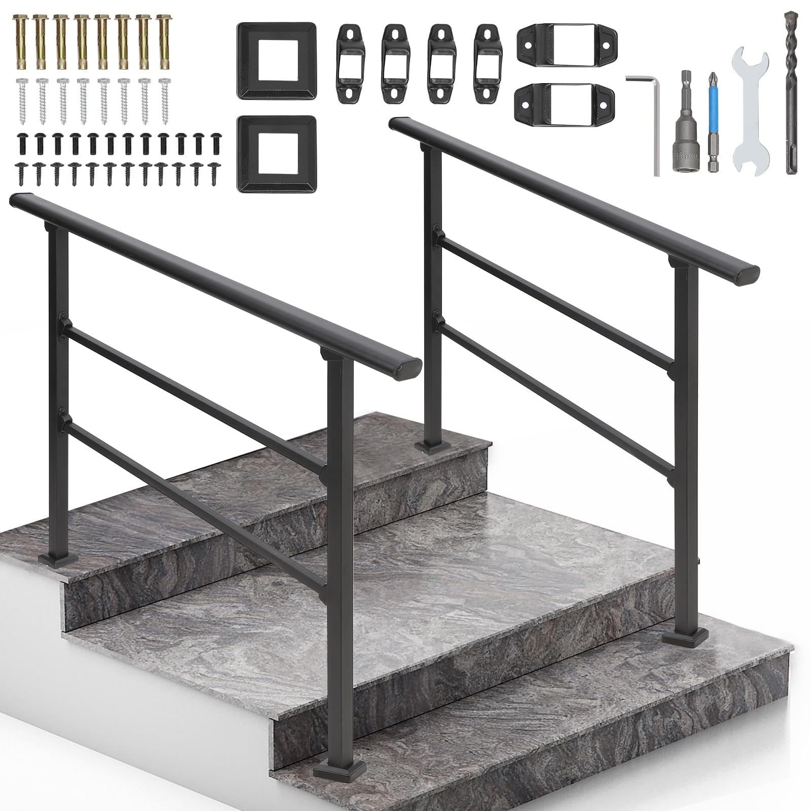 Outdoor Handrail, 4 Step Stair Handrail, Outdoor Stair Railing Fits 3 ...