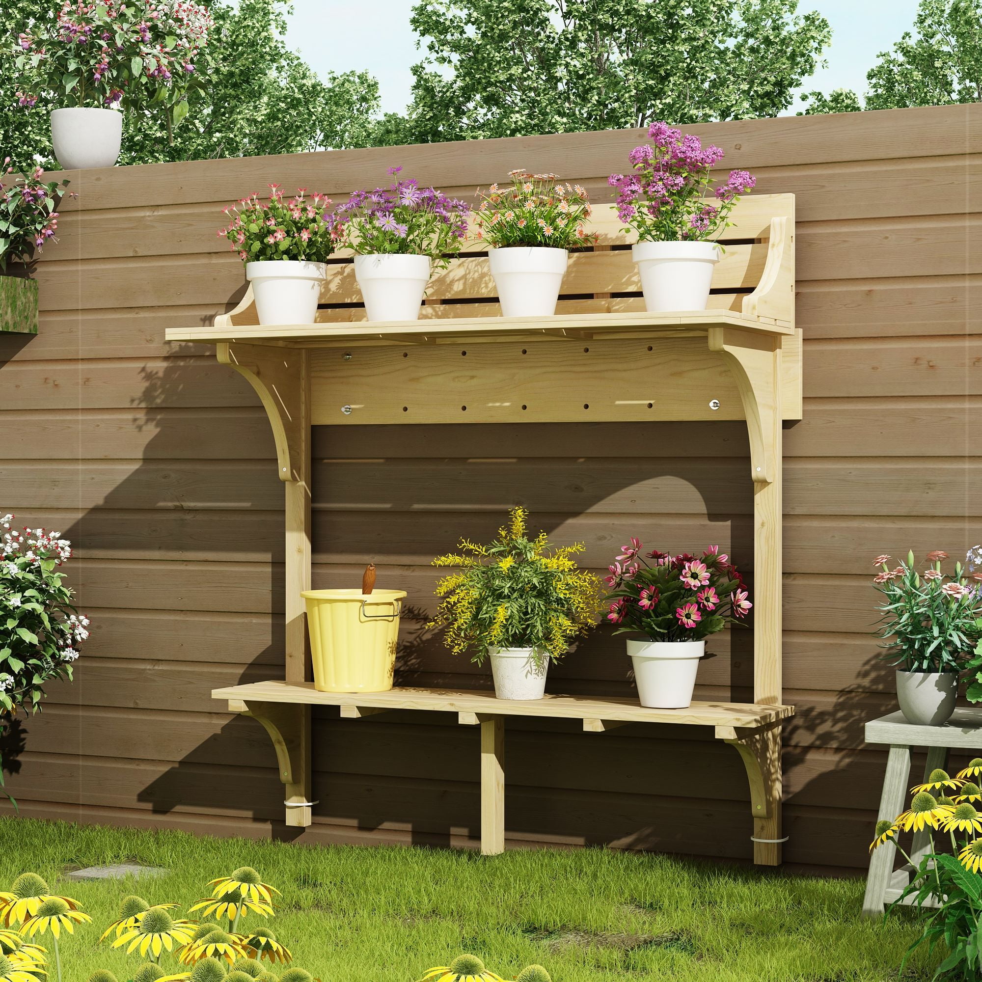 Outdoor Hanging Balcony Table - 2-Tier Solid Wood Railing Mount with ...