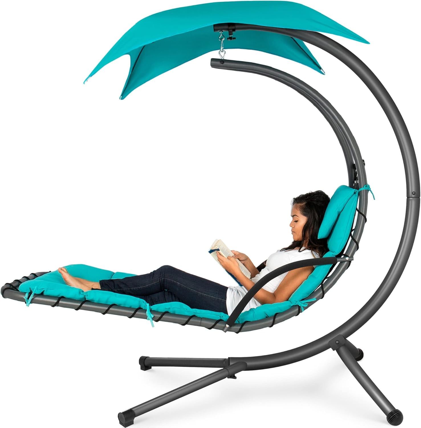 Outdoor Hanging Curved Steel Chaise Lounge Chair Swing w/Built-in ...