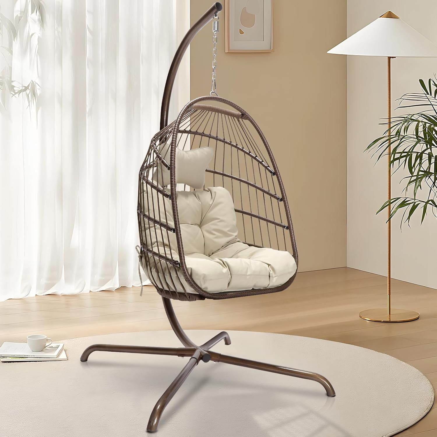 Outdoor Hanging Egg Chair with Stand PE Rattan Wicker Egg Chair with ...