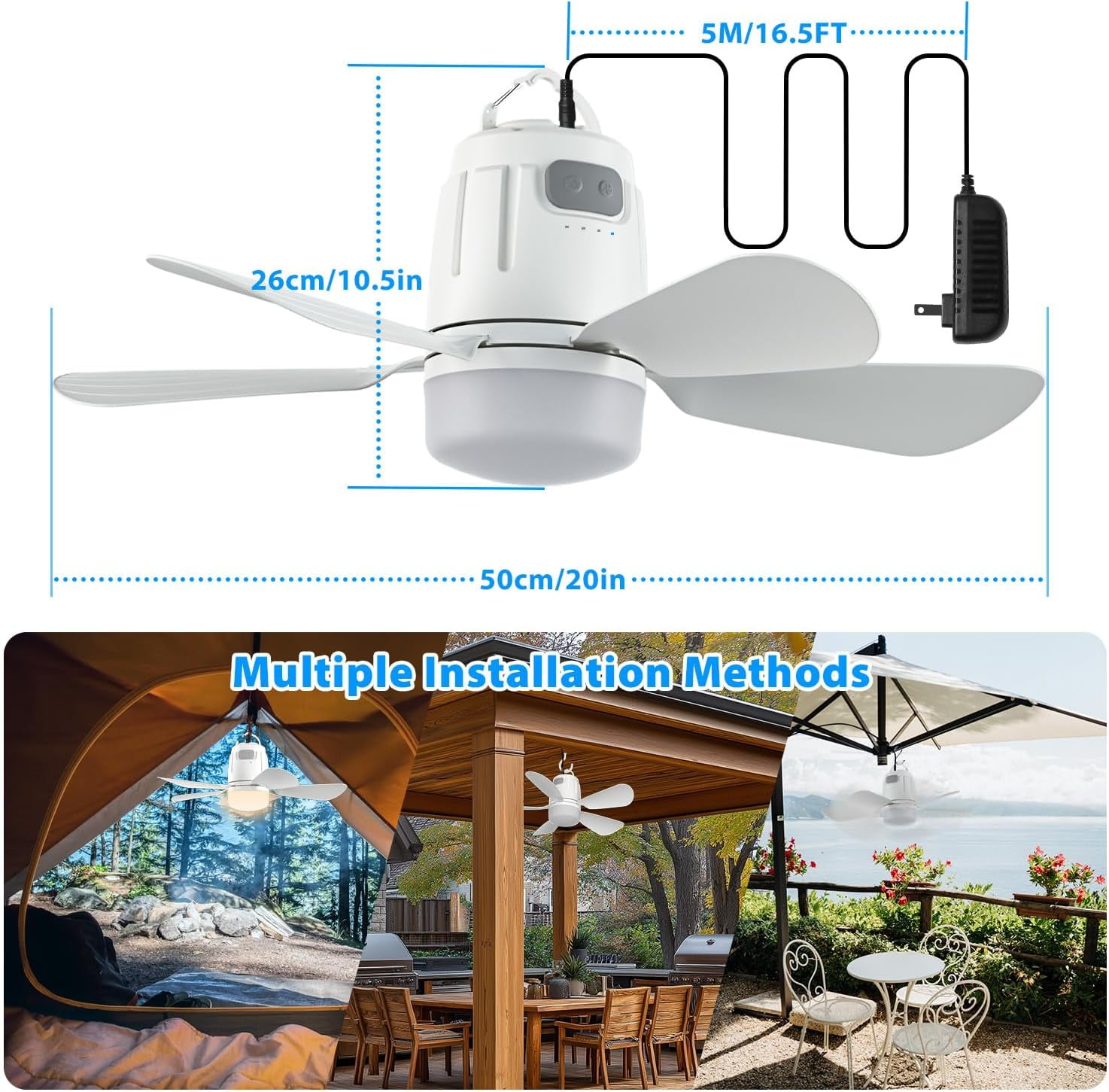 Outdoor Hanging Fan with Light, 16.5ft Cord, Remote Control, Portable ...
