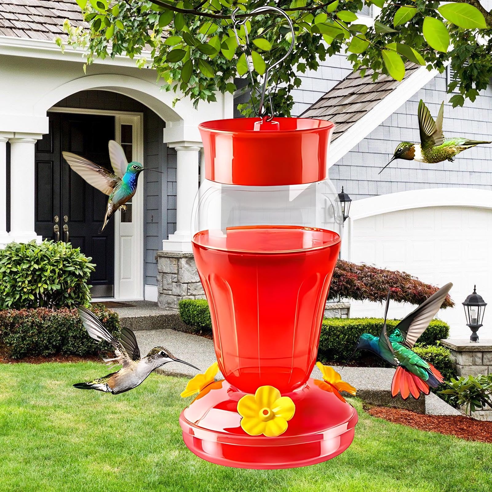 Outdoor Hanging Hummingbird Feeder - 16oz Leak-Proof Plastic Feeder ...