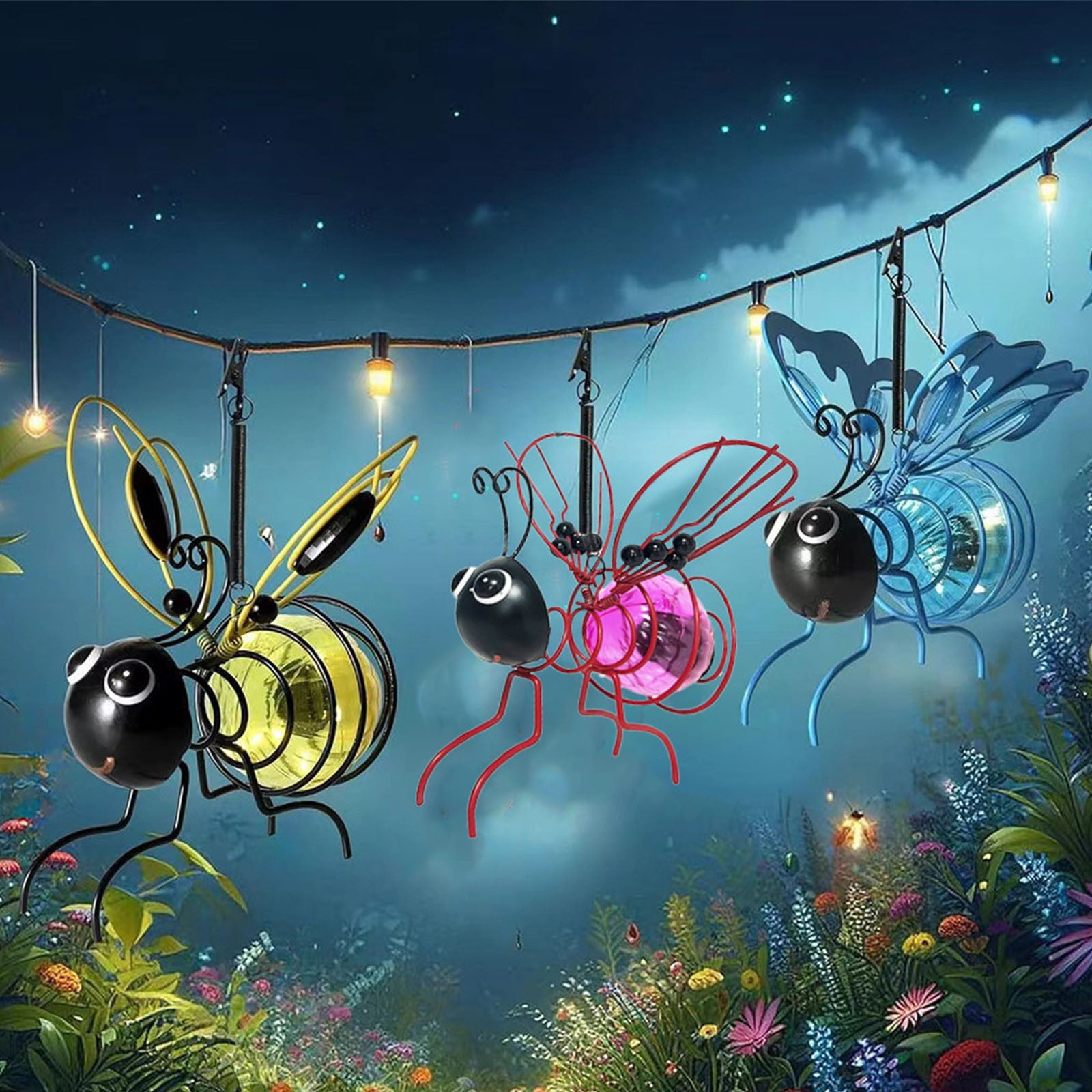 Outdoor Hanging Solar Bee Light, Metal LED Outside Bugs with Bouncy ...