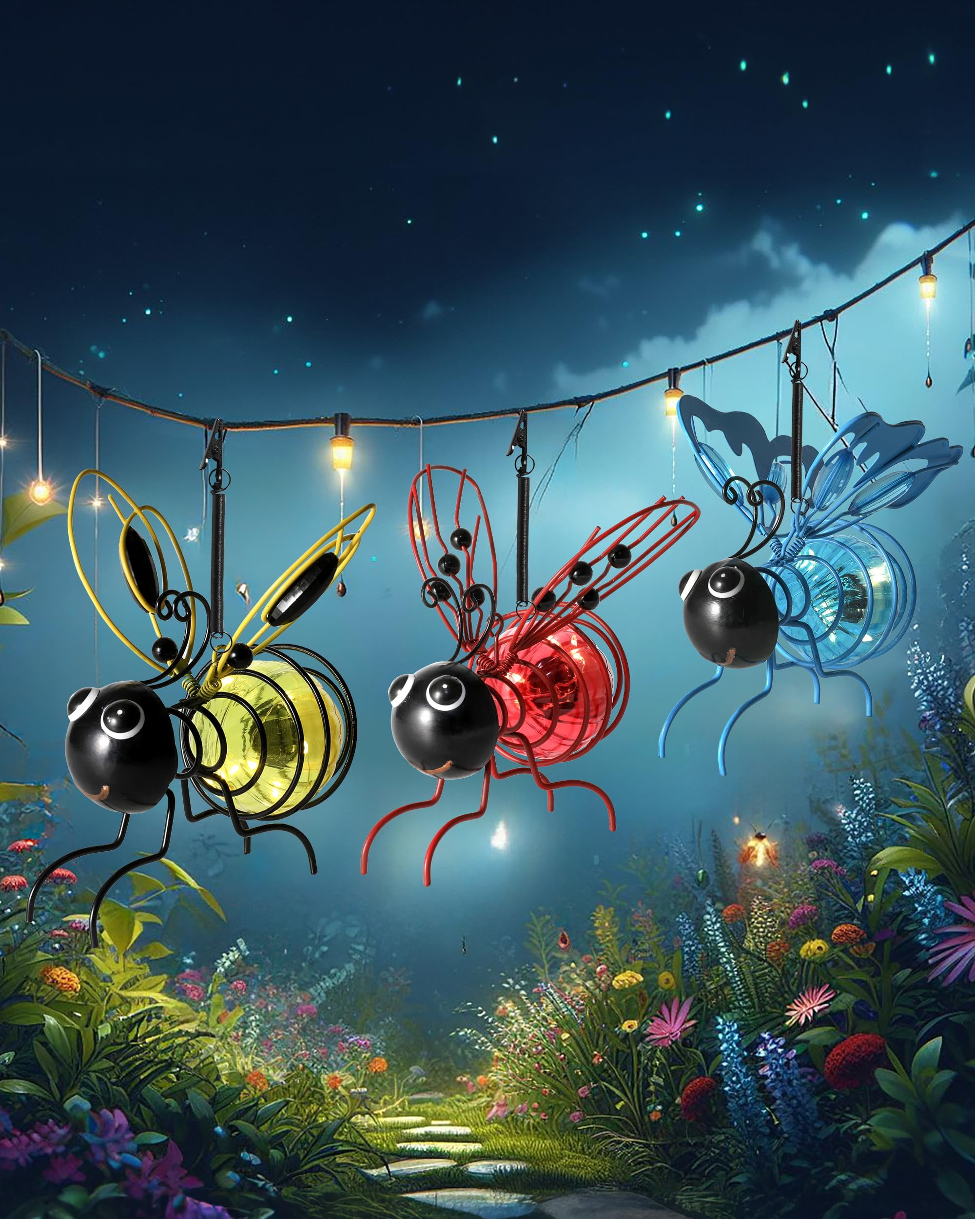 3PCS Outdoor Hanging Solar Bee Simulation Lights with Bouncy Springs ...