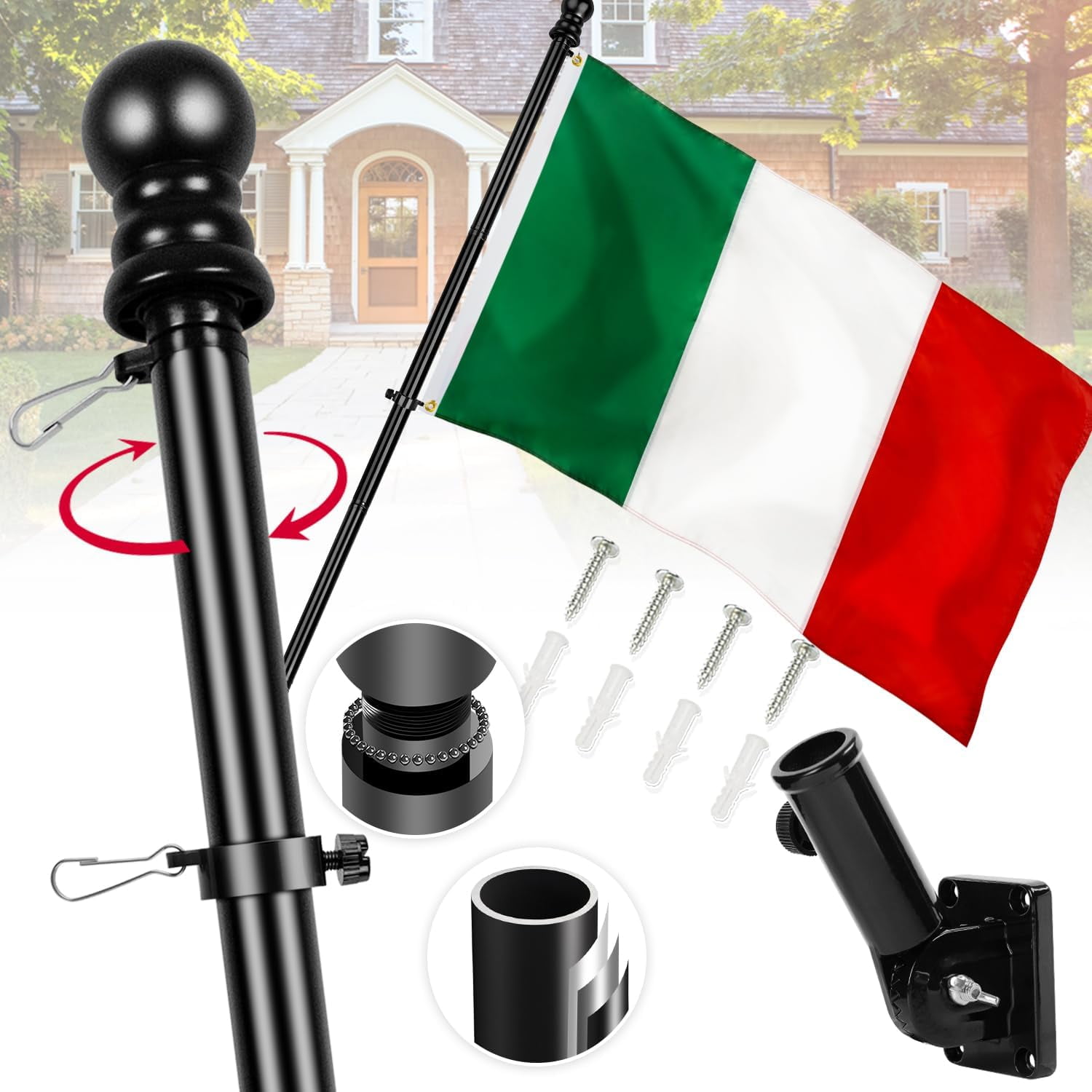 Outdoor House Italy Flag with 6ft Aluminum Non-Tangle Spinning Flag ...