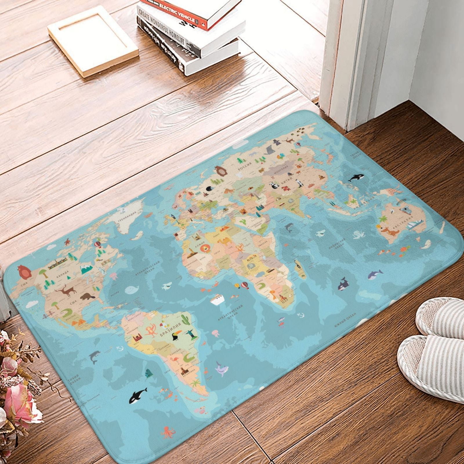 Outdoor Indoor Door Mat World Map With Animals 1 Non Slip Bath Mat, 16 ...