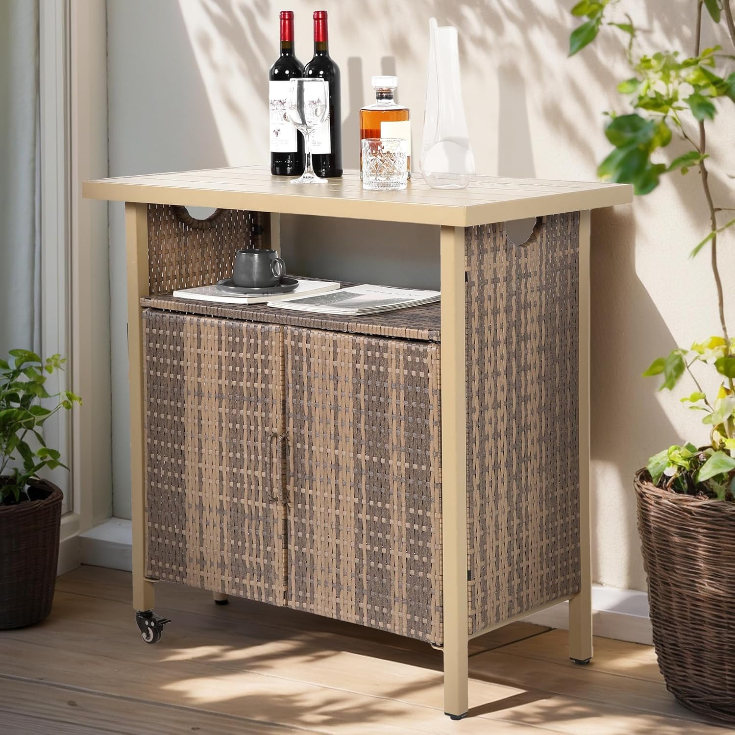 Outdoor Indoor Storage Cabinet – Rolling Serving Cart with Wicker ...