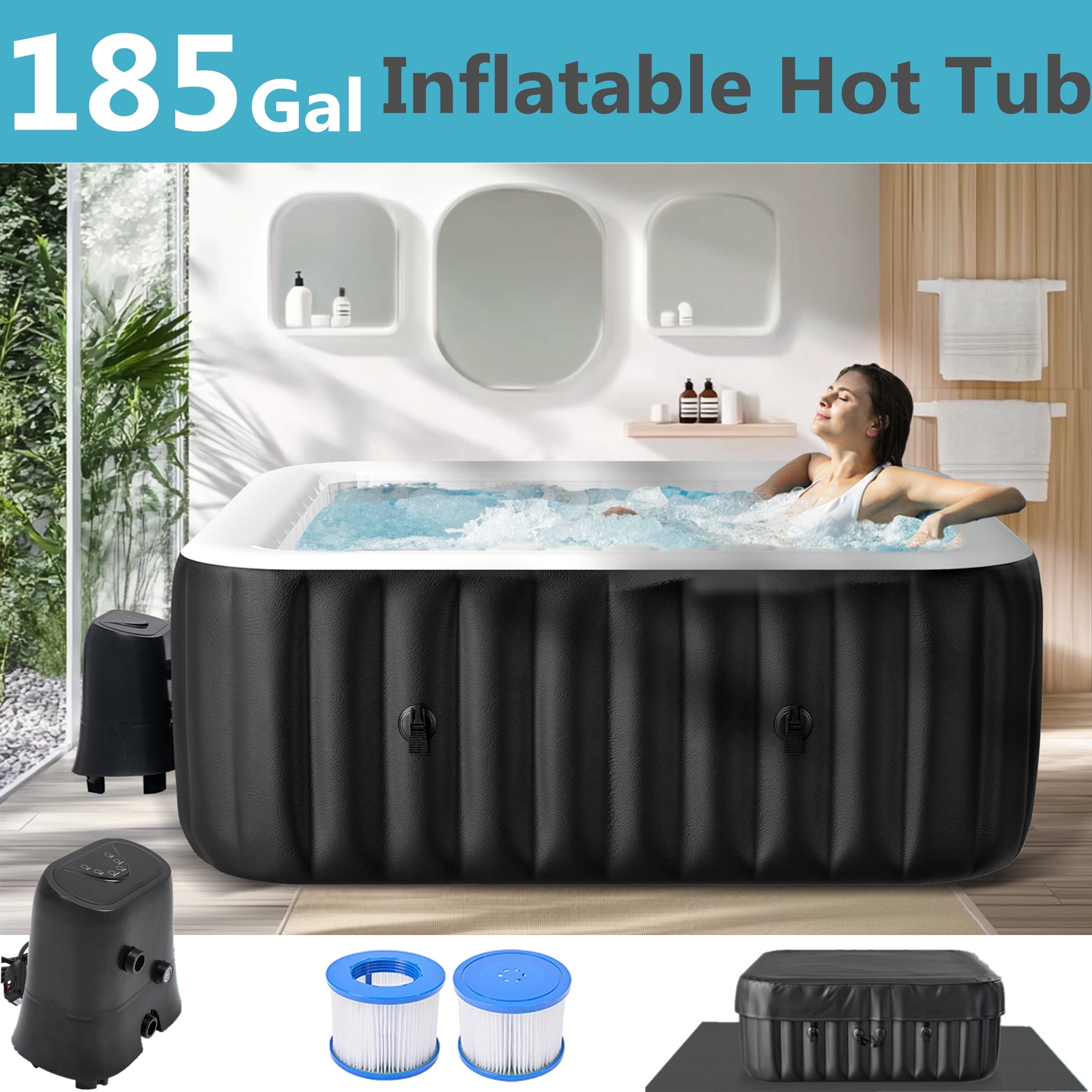 Outdoor Inflatable Hot Tub Spa for 4 Person Square 185 Gallon Backyard ...