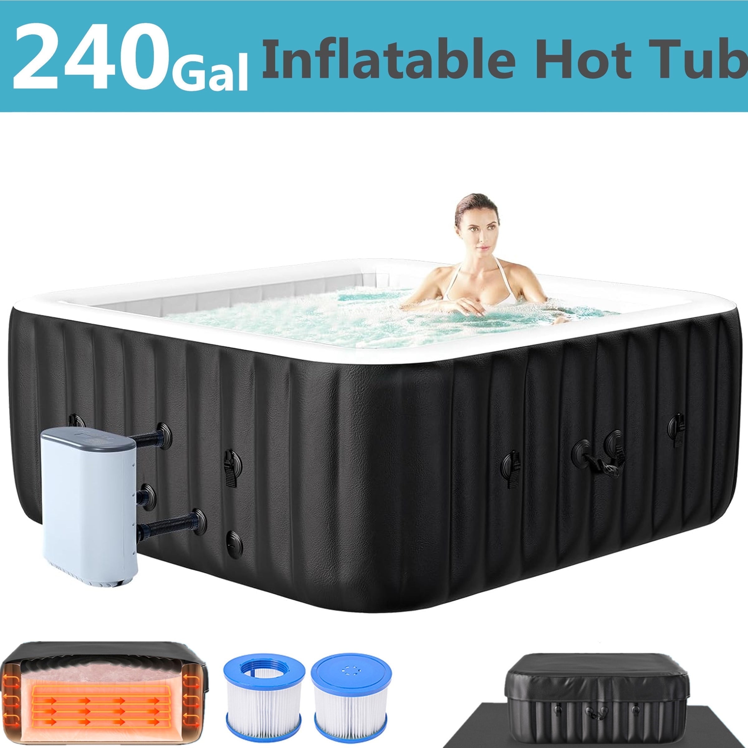 Outdoor Inflatable Hot Tub Spa for 6 Person Square with Air Pump,240 ...