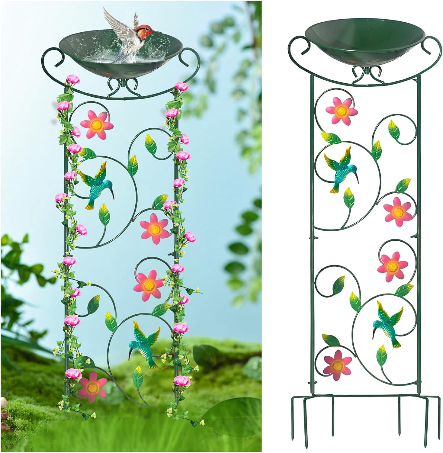 Outdoor Iron Bird Bath with Trellis, Decorative Hummingbird Design and ...