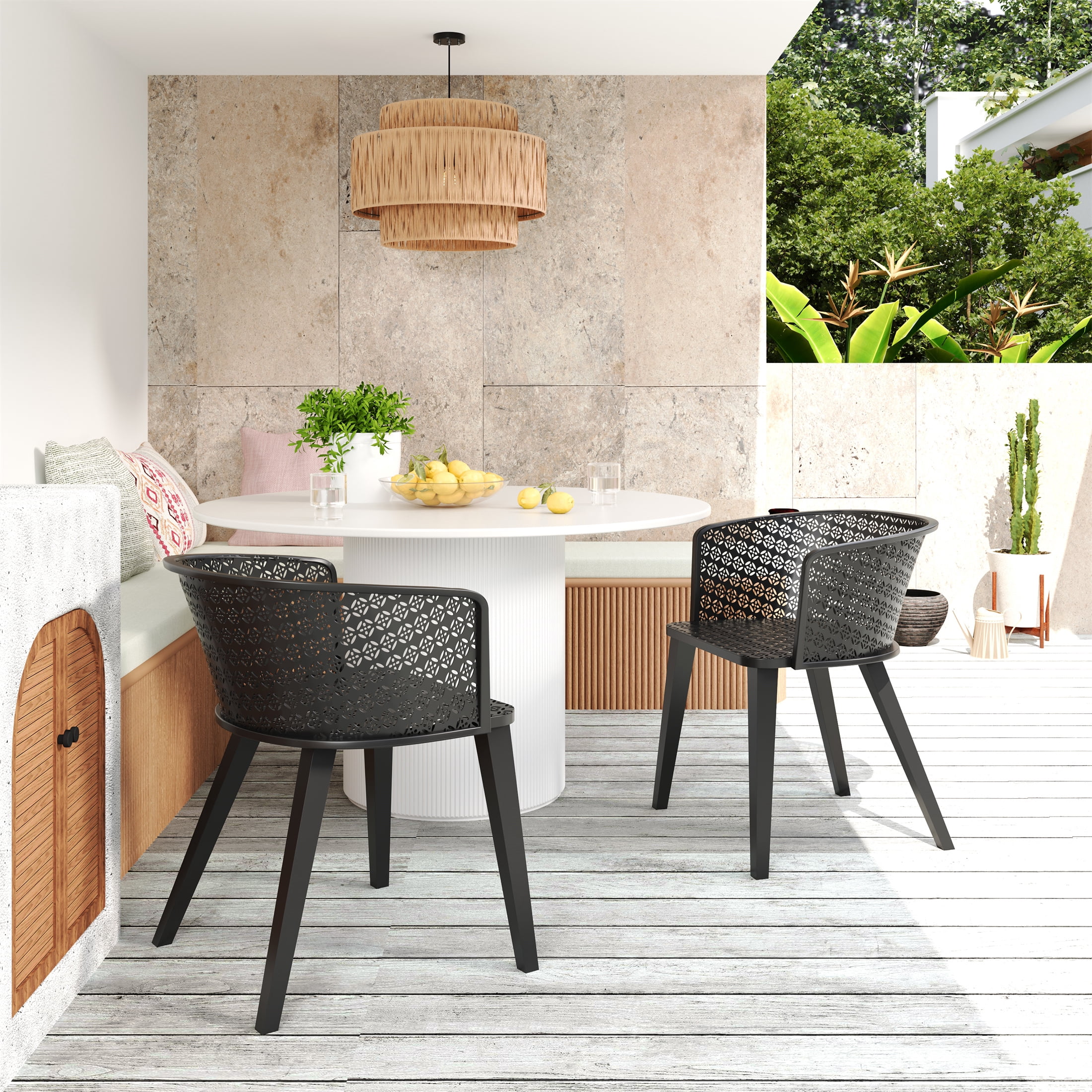 Outdoor Iron Frame Patio Dining Chairs Set of 2 for Garden Deck, Black ...