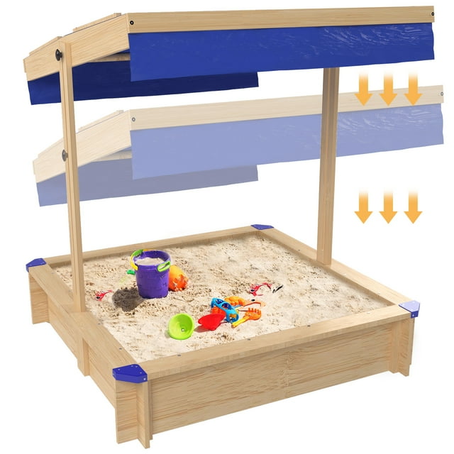 Adjustable Wooden Sandbox with Canopy, Bench, and Lid for Kids, UV ...