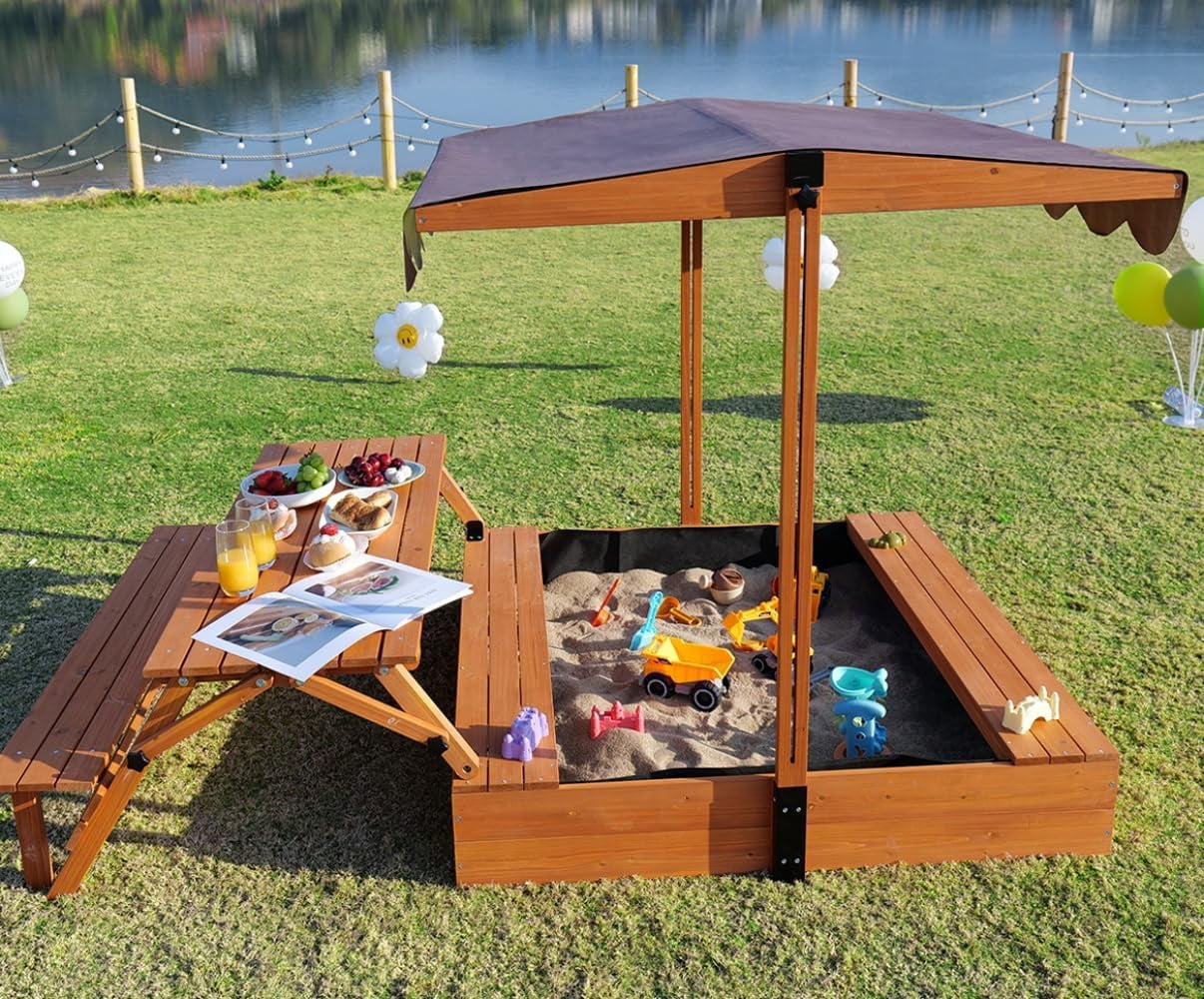 Luyitton Outdoor Sandbox, Kids Picnic Table, Foldable Wooden Sand Pit ...