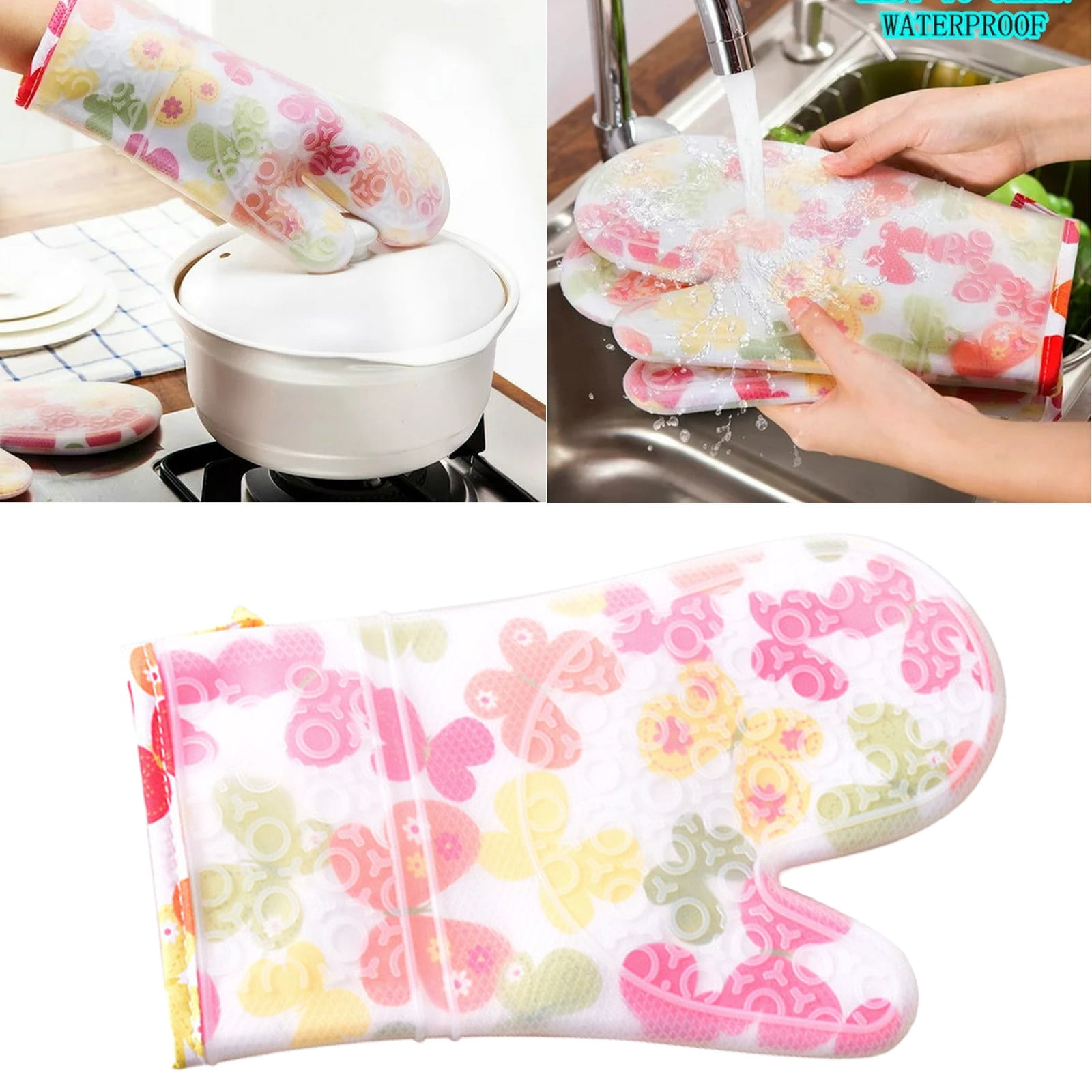 Outdoor Kitchen Gadgets Long Silicone Gloves With Floral Fabric Edge ...