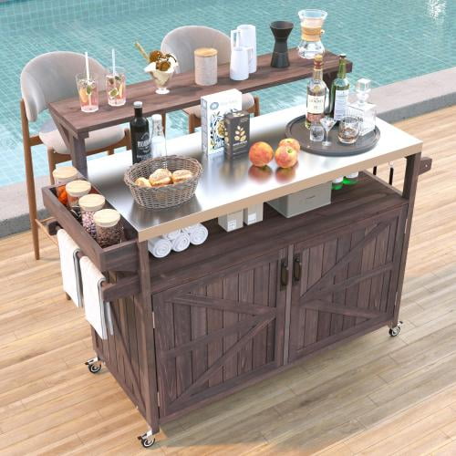 Outdoor Kitchen Island with Raised Shelf, Solid Wood Storage Cabinet ...