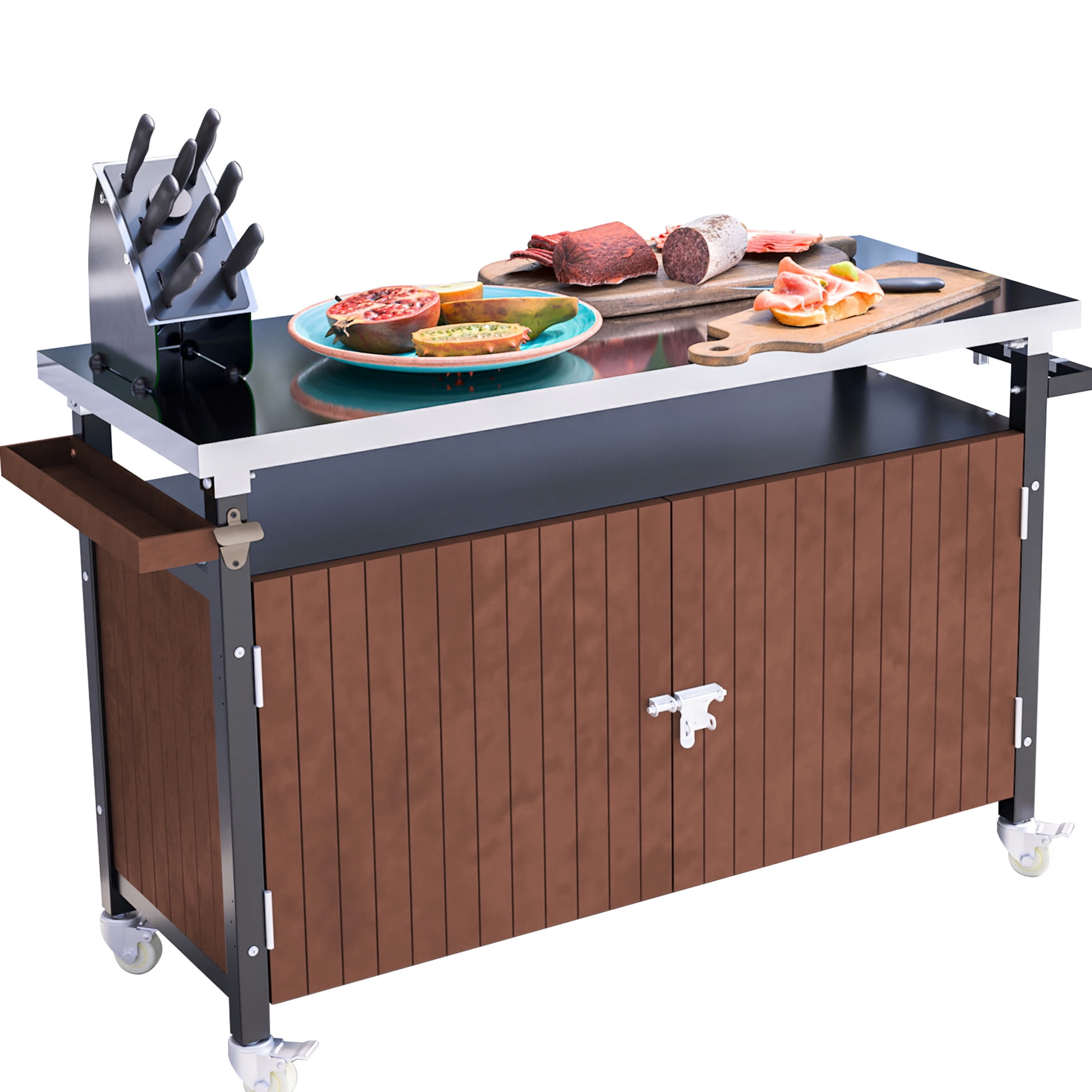 Outdoor Kitchen Table With Storage - Movable Grill Cart Wheels And Hook ...